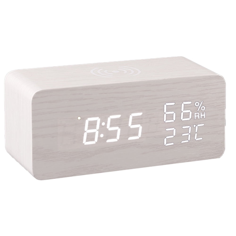 Digital Wooden Alarm Clock with Wireless Charging,Weekday/Weekend Mode ...