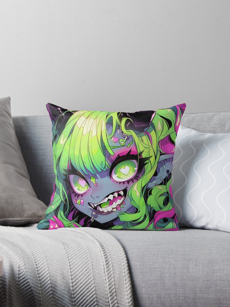 Digital art of a snarling heart-eyed demon anime girl. She has horns ...