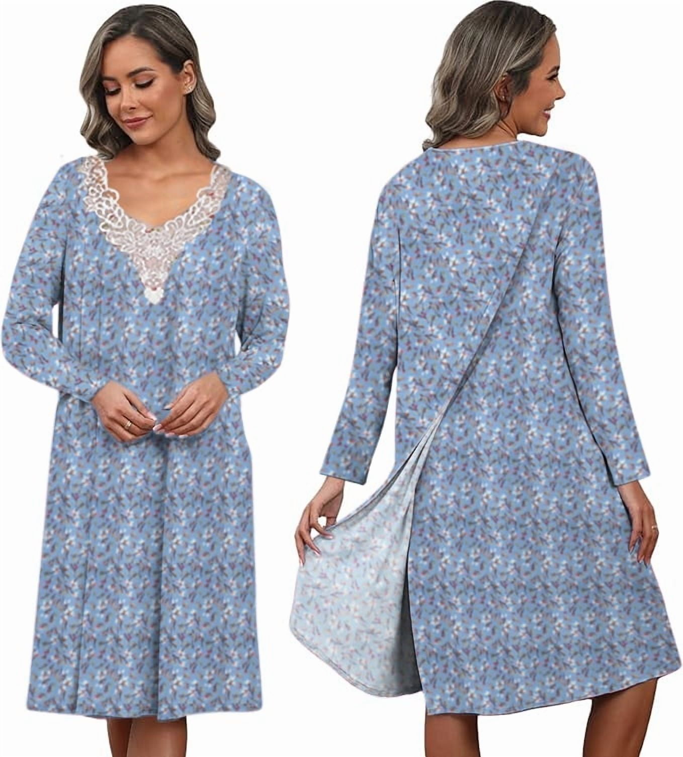 Dignity Pajamas Open Back Nightgown Women Long Sleeve-Bedridden-Floral ...