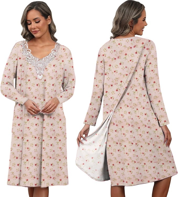 Dignity Pajamas Open Back Nightgown Women Long Sleeve-Bedridden-Floral ...