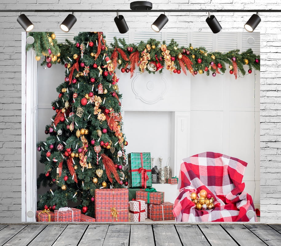 Diha 12x8ft Christmas Living Room Backdrop – Decorated Tree, Gift Piles ...