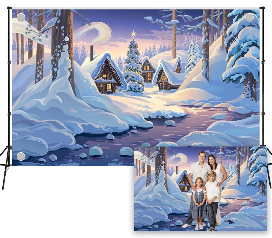 Diha 5x4ft Winter Christmas Backdrop – Snowy Cabins and Lit Tree for ...