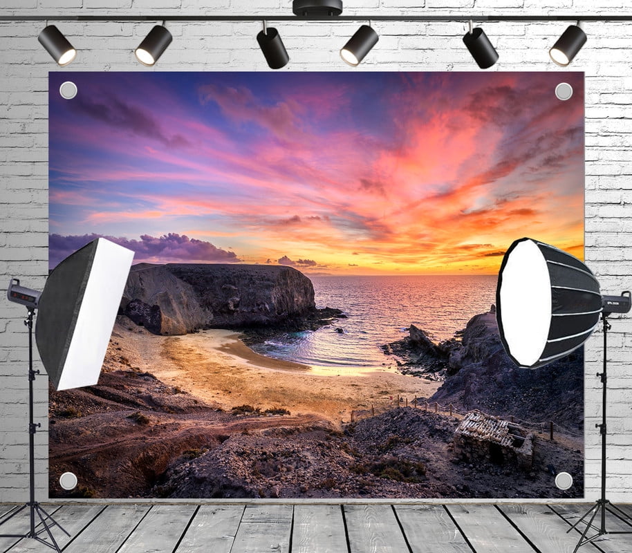 Diha 9x6ft Rocky Coastal Cove Backdrop – Golden Sand, Ocean Inlet & Vibrant Sunset Sky Banner ...