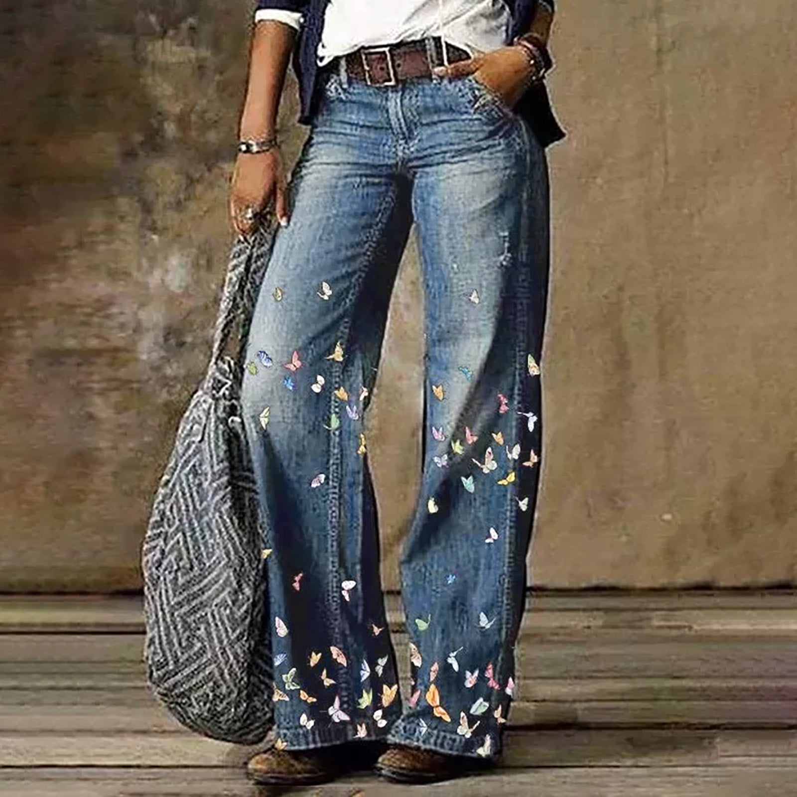 Dihao 2024 Womens Jeans Palazzo Pants Boho Floral Print Wide Leg High ...