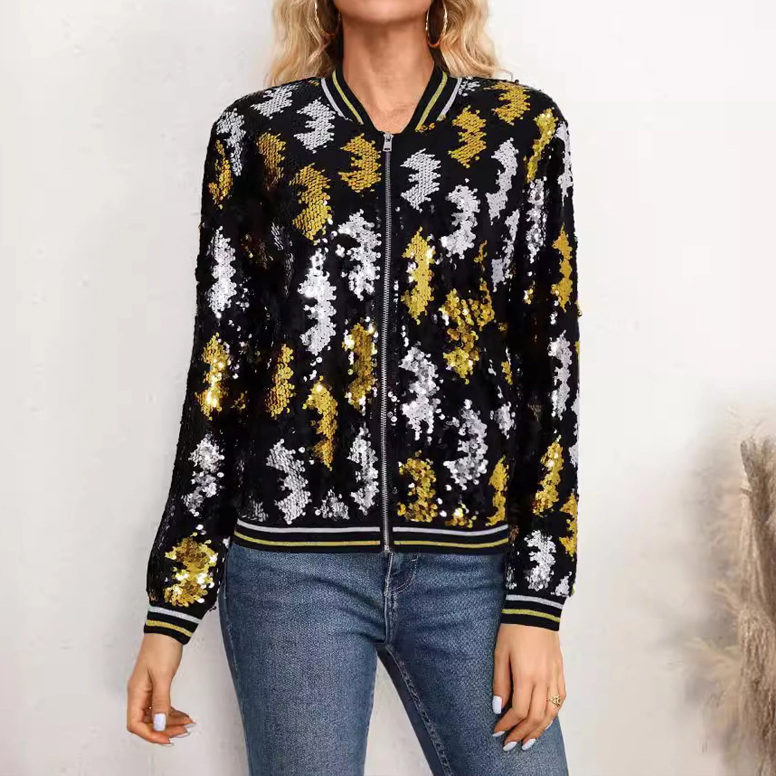 Dihao Jackets for Women Sequin Long Sleeve Front Zip Bomber Jacket with ...