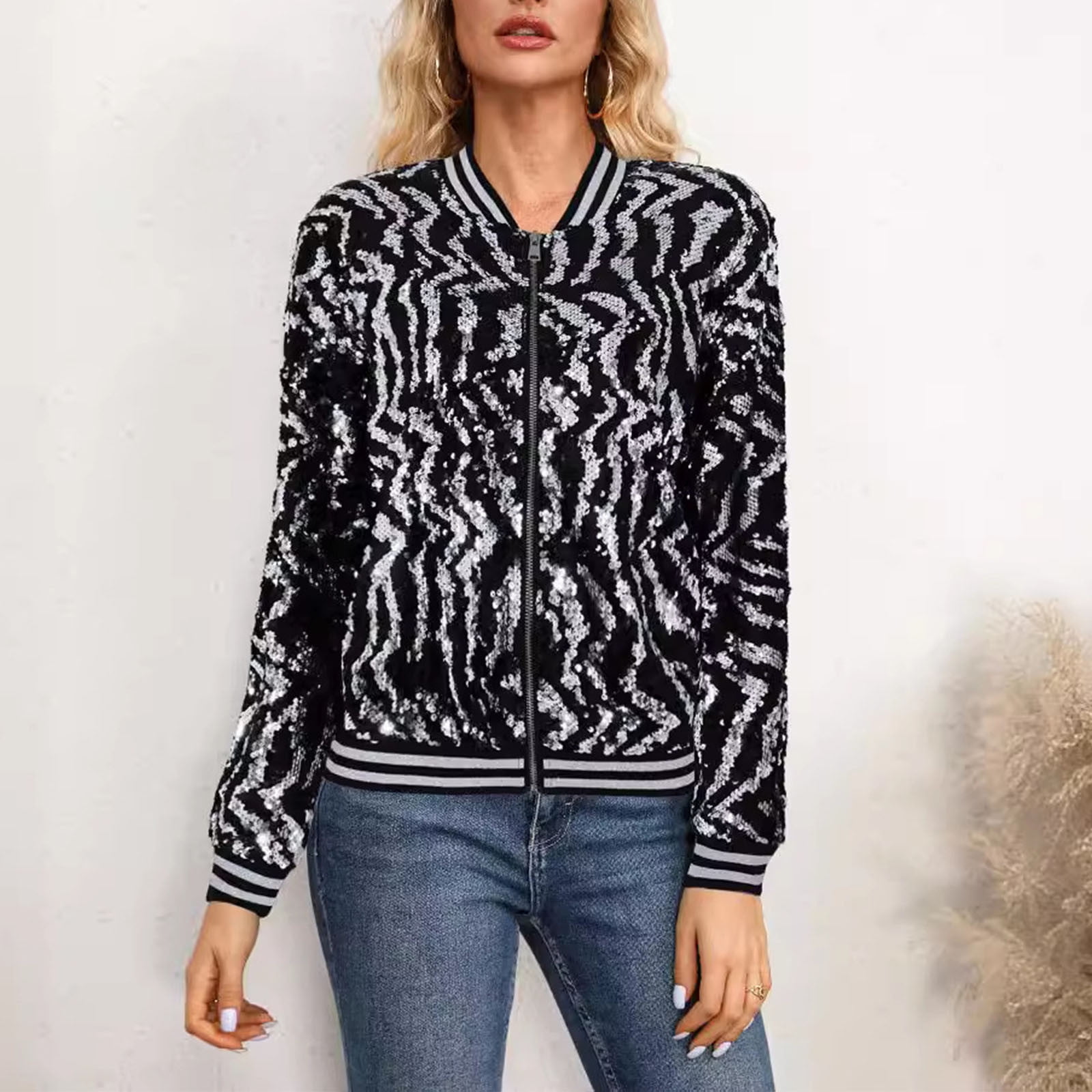 Dihao Jackets for Women Sequin Long Sleeve Front Zip Bomber Jacket with ...