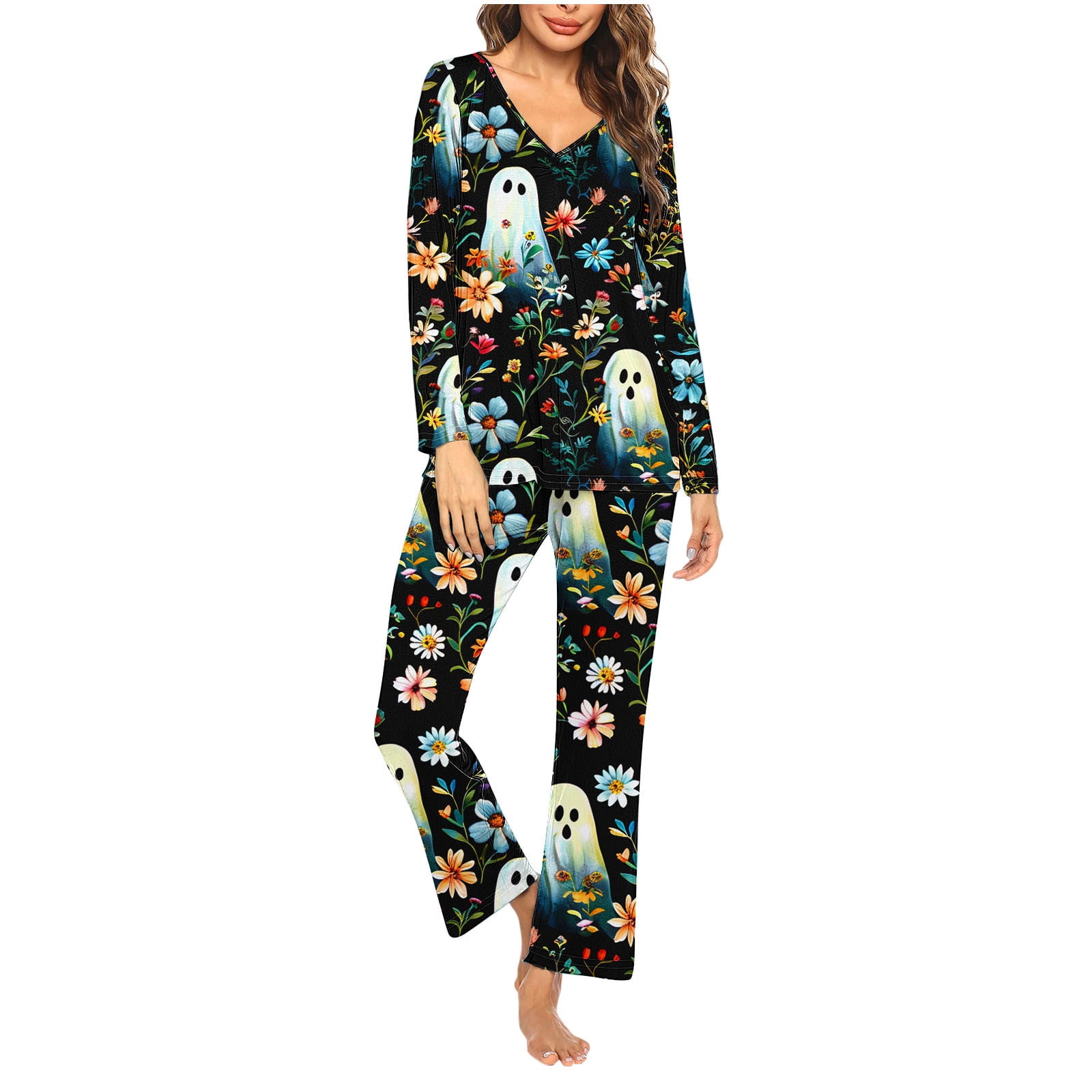 Dihao Pajamas for Women Set Casual Fashion Halloween Printed V Neck ...
