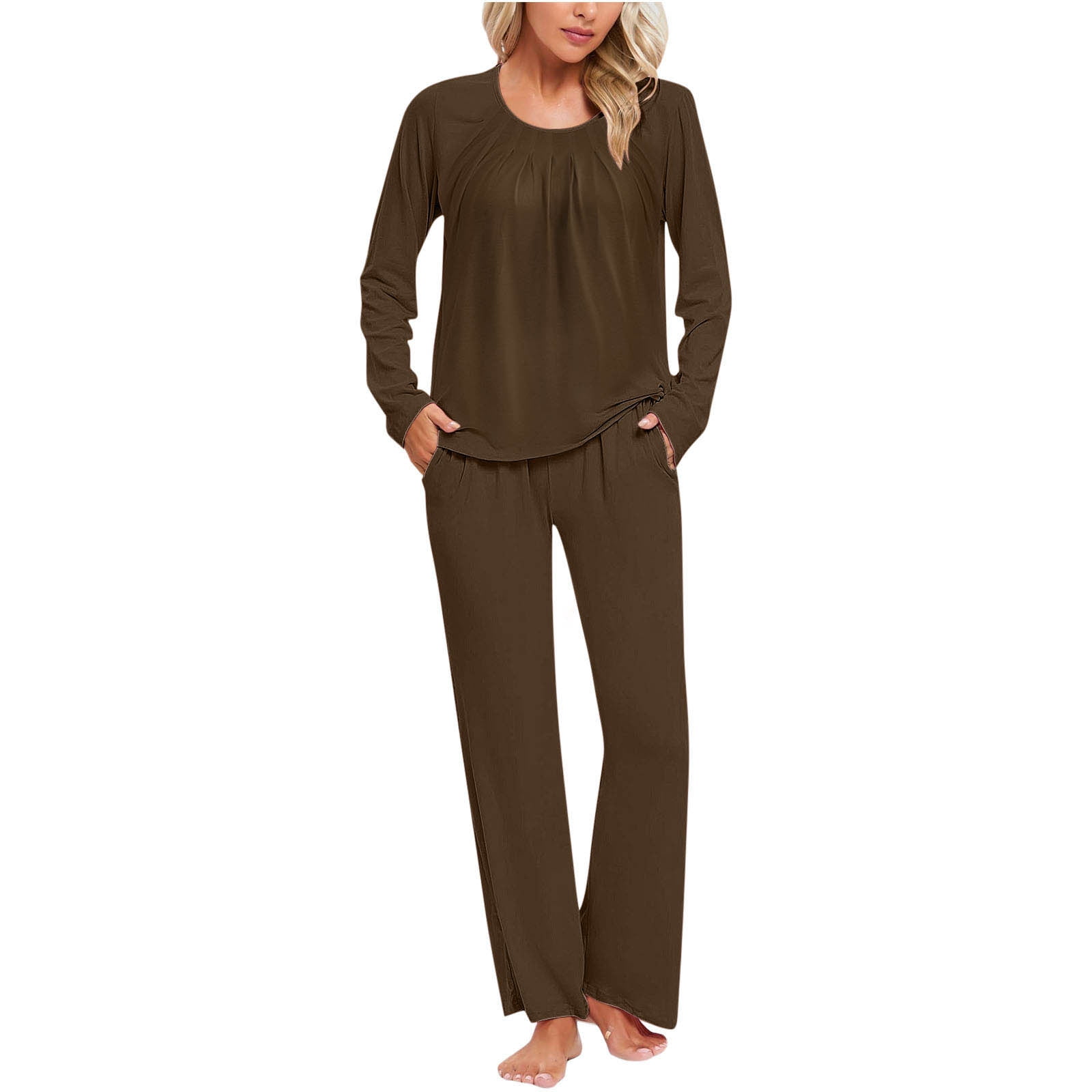 Dihao Pajamas For Women Set Casual Fashion Solid V Neck Long Sleeve