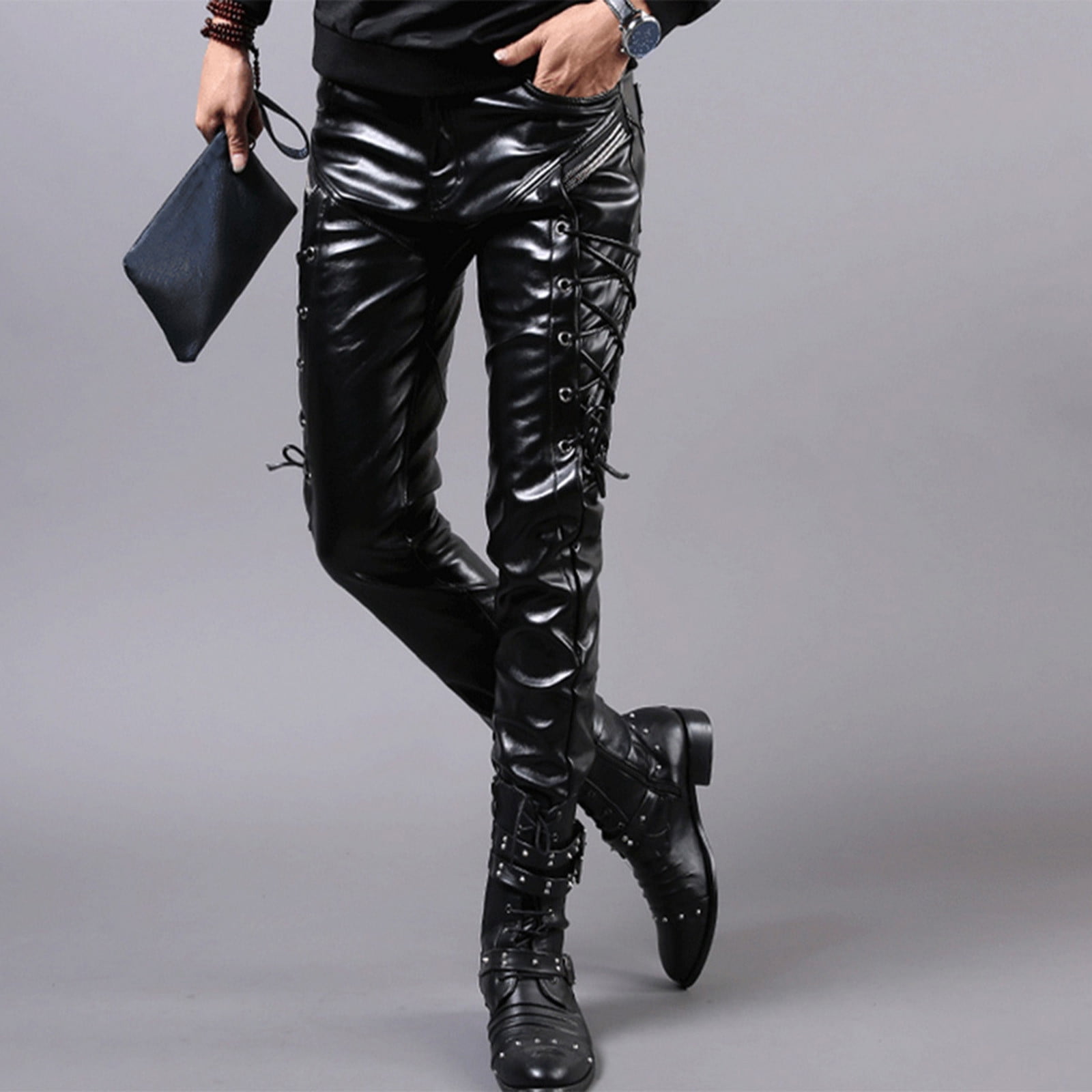 Dihao Rock Punk Pants for Men Zippers Patch Pu Leather Hip Hop Skinny ...