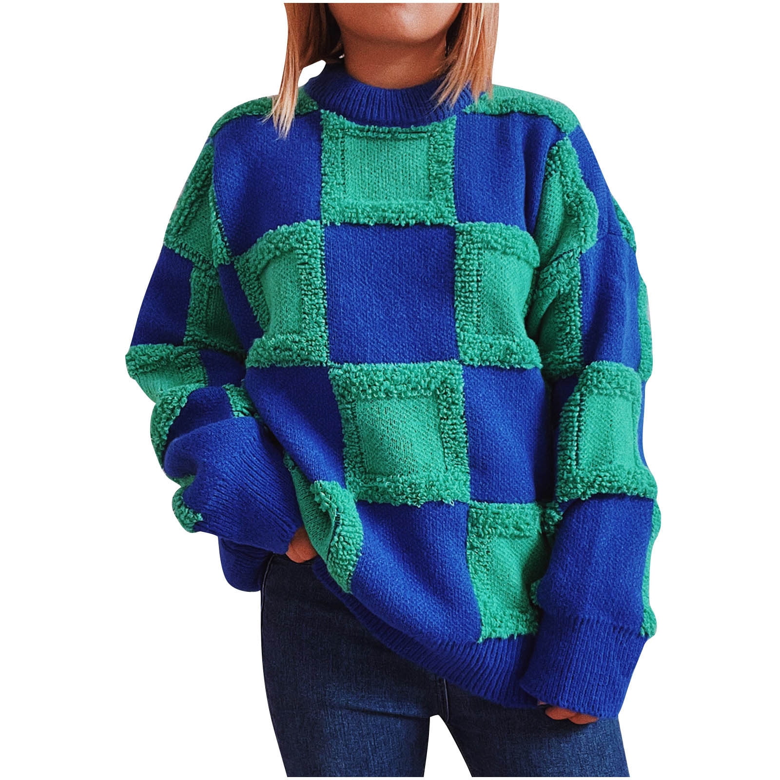 Dihao Sweaters for Women Clearance Women's Long Sleeve Checkered ...