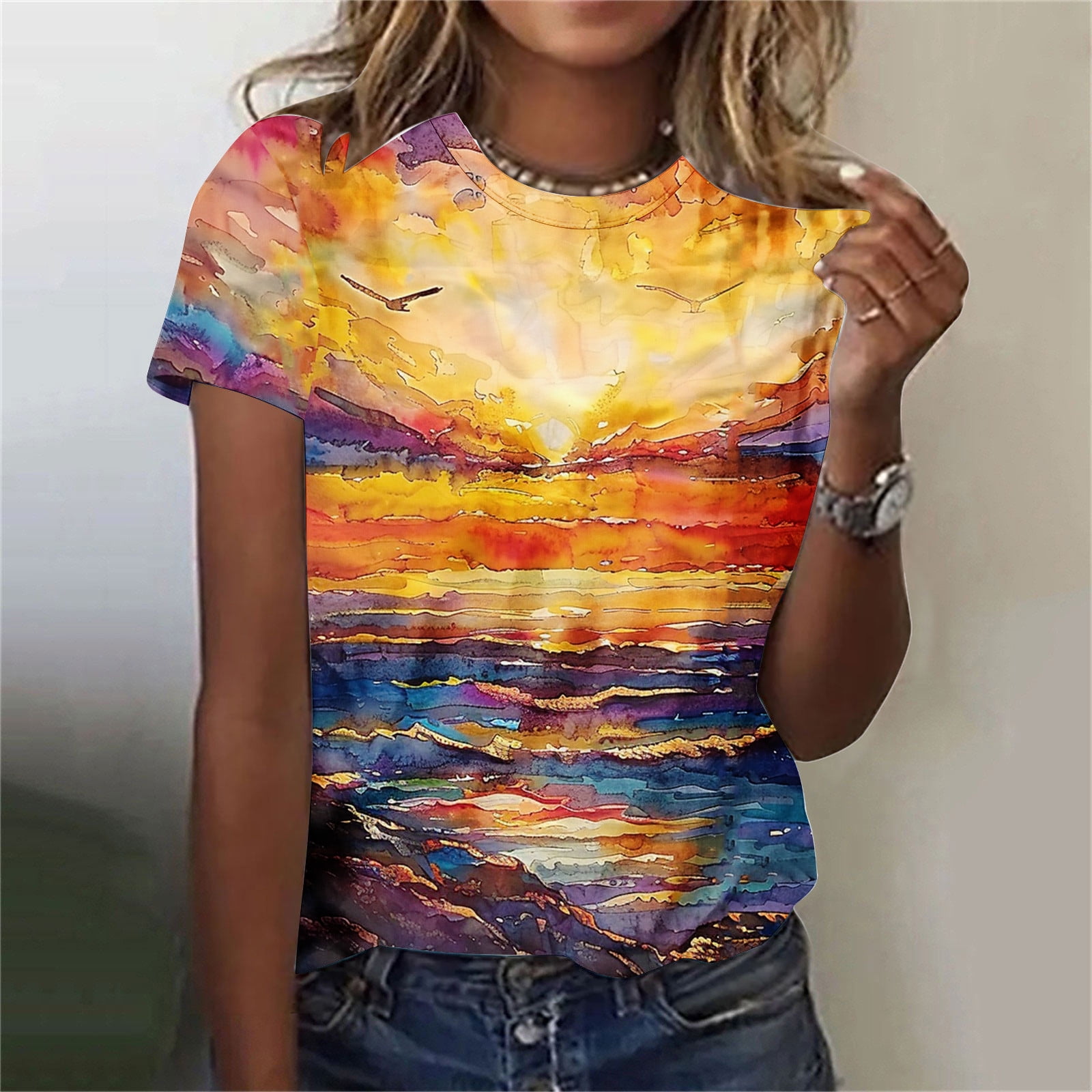 Dihao Womens Tops Spring Summer Basic T Shirts Printed Casual Loose Fit ...