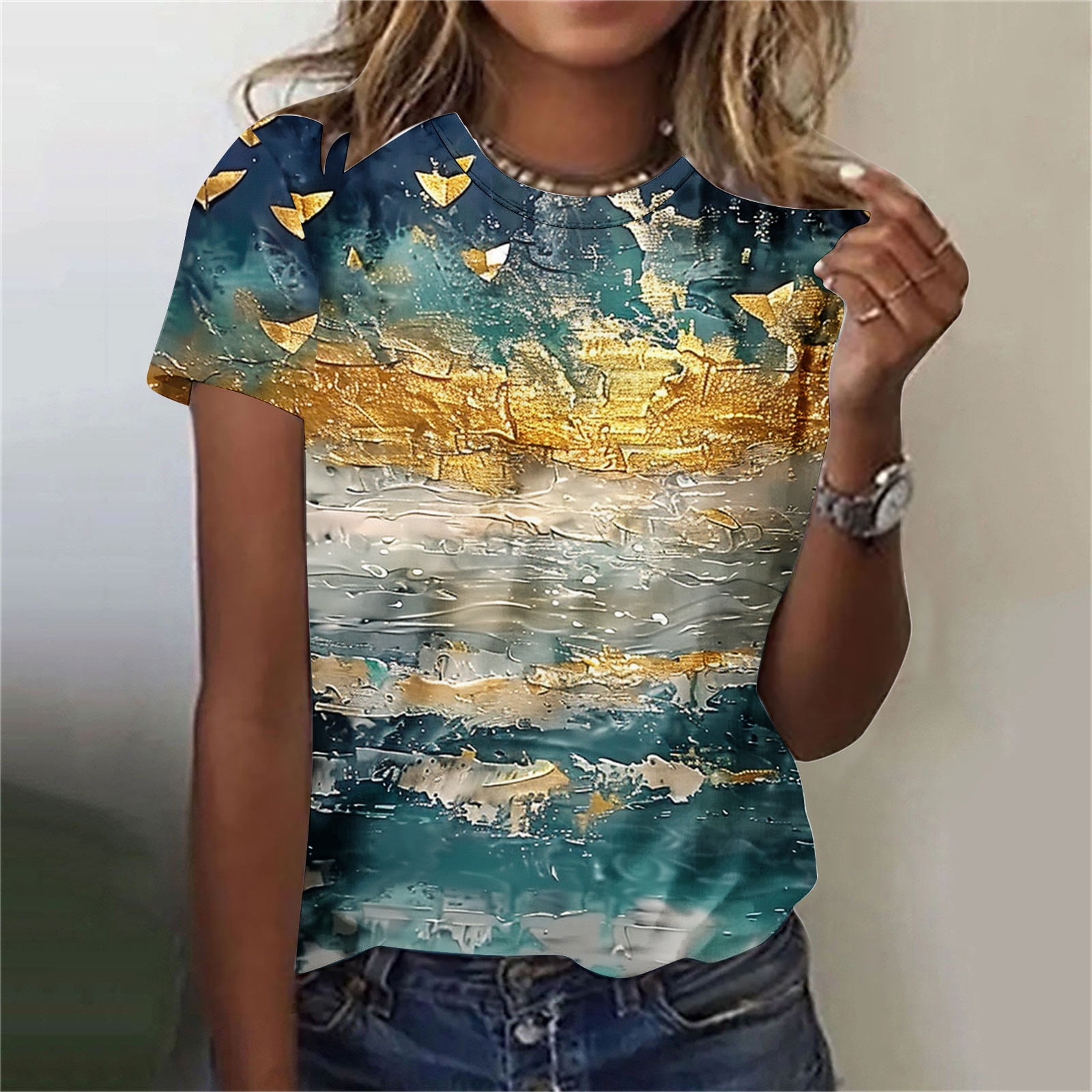 Dihao Womens Tops Spring Summer Basic T Shirts Printed Casual Loose Fit ...