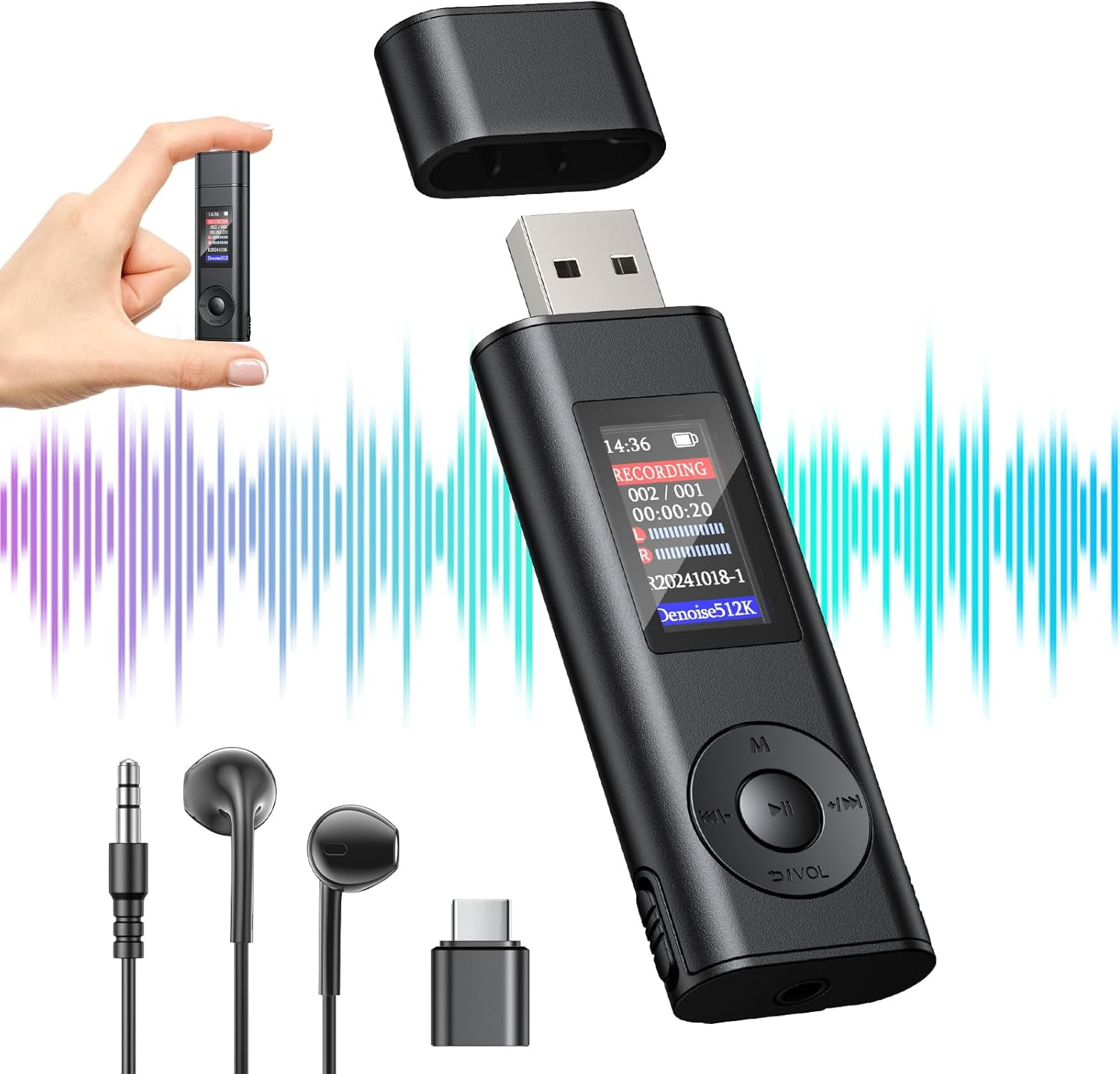 Diital Voice Recorder with 64B Storae, Voice Activated Recordin, USB ...