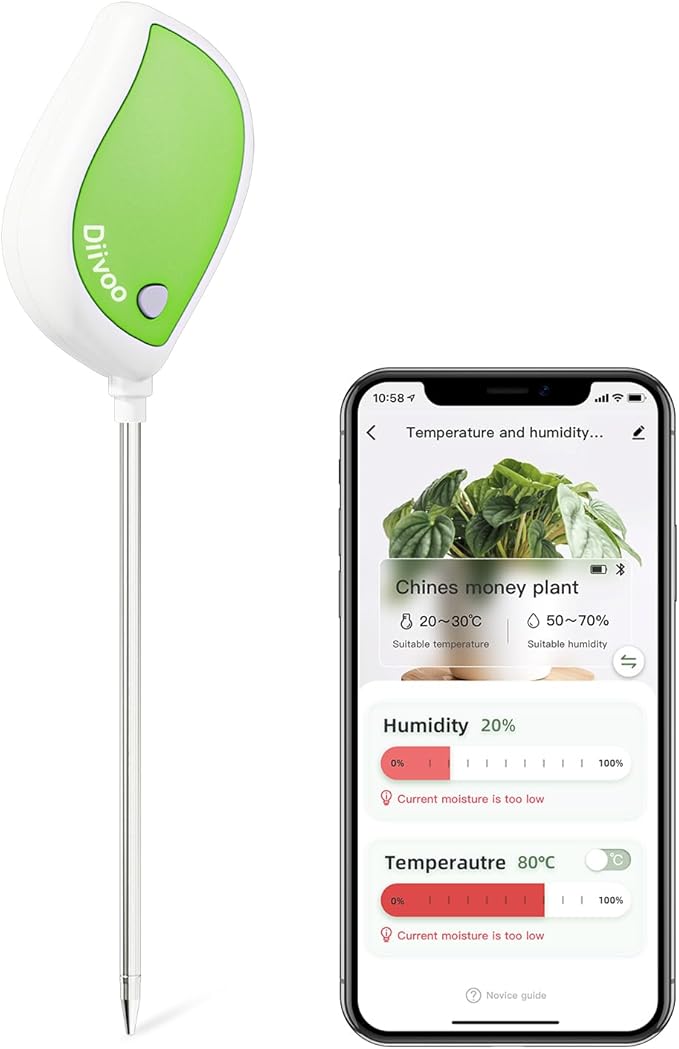 Diivoo Smart Soil Moisture Meter for Indoor Plants, Bluetooth Plant ...
