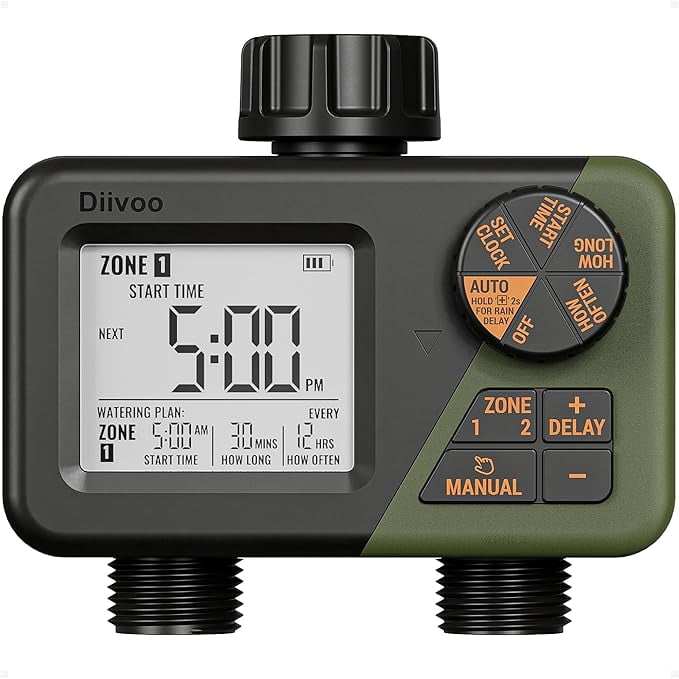 Diivoo Sprinkler Timer 2 Zone Programmable Water Hose Timer 2 Outlet ...