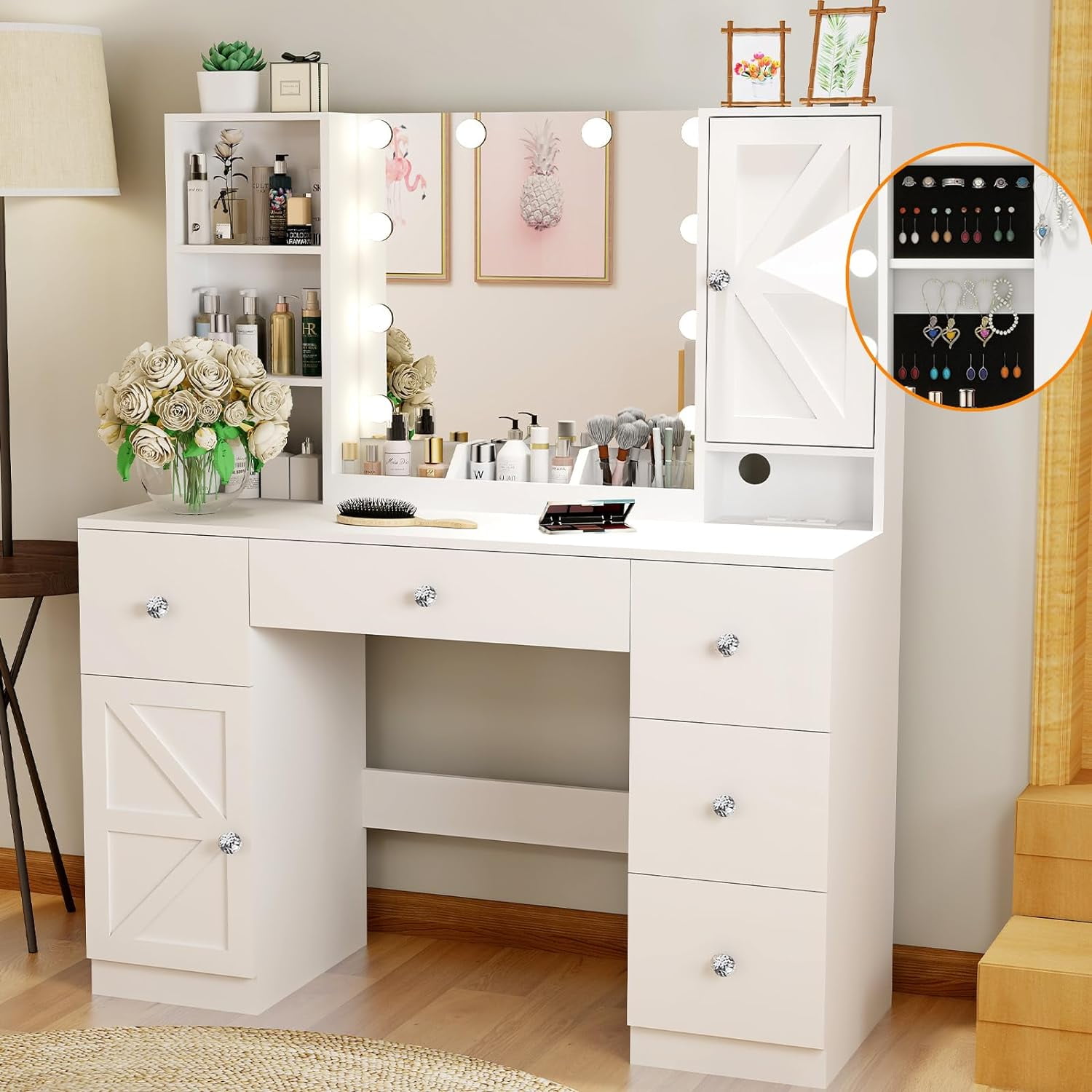 Dilando Large Vanity with Mirror and Lights, Makeup Vanity Desk with ...