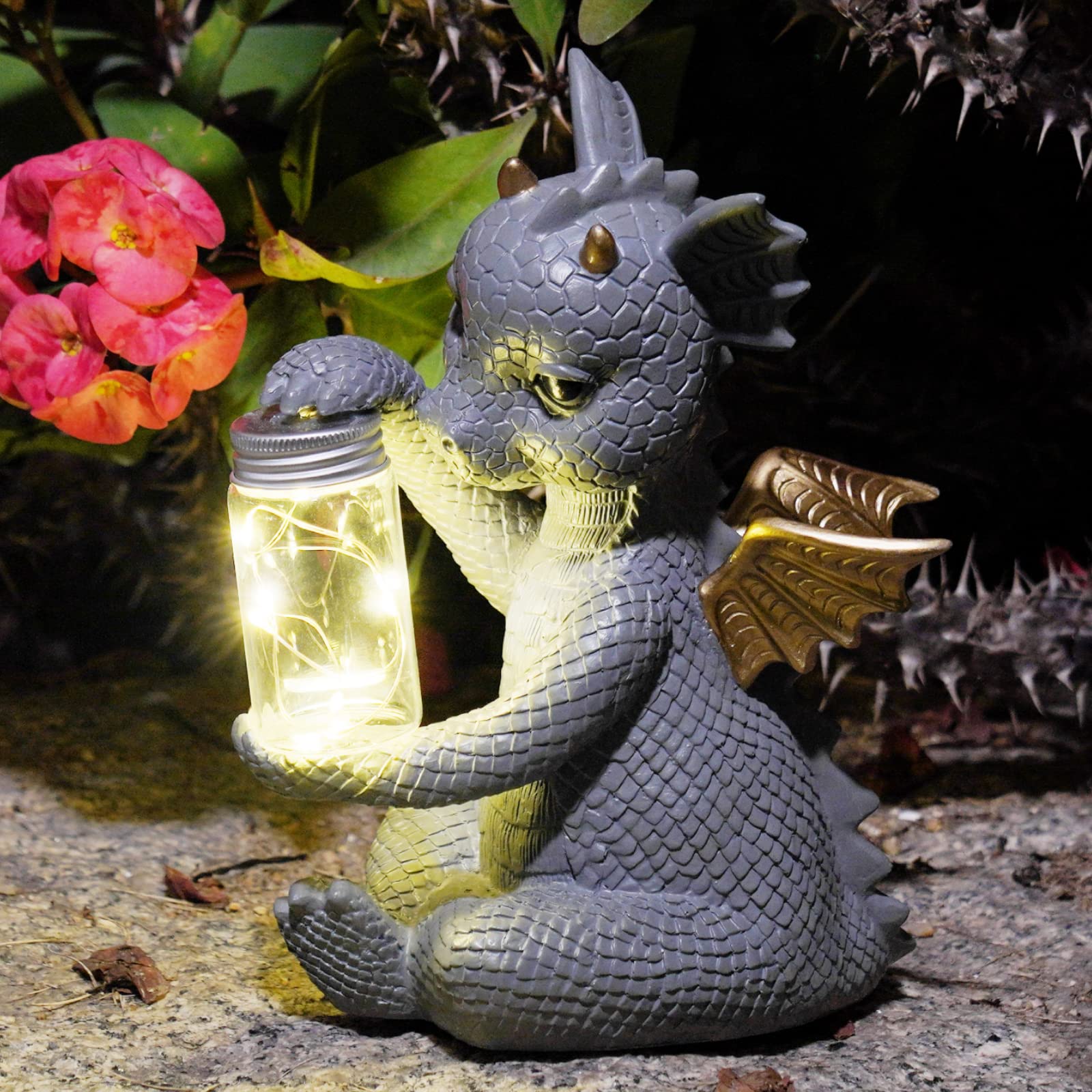 DiliComing Solar Dragon Garden Statue - Cute Dragon Baby Holding a ...