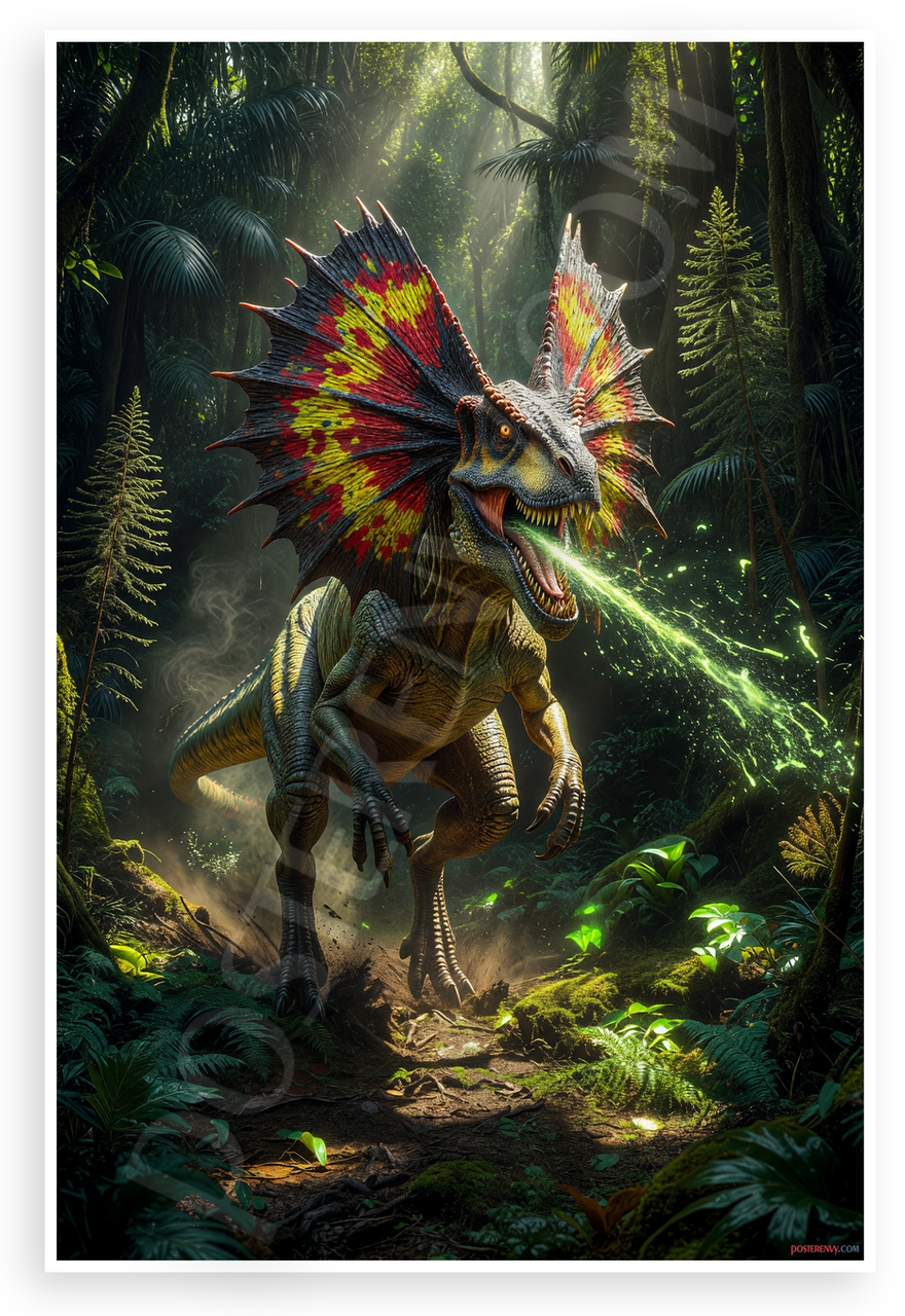 Dilophosaurus Venom Spit Jurassic Jungle Dramatic Wildlife 12x18 US Dilophosaurus Venom Spit Jurassic Jungle Dramatic Wildlife 12x18 US