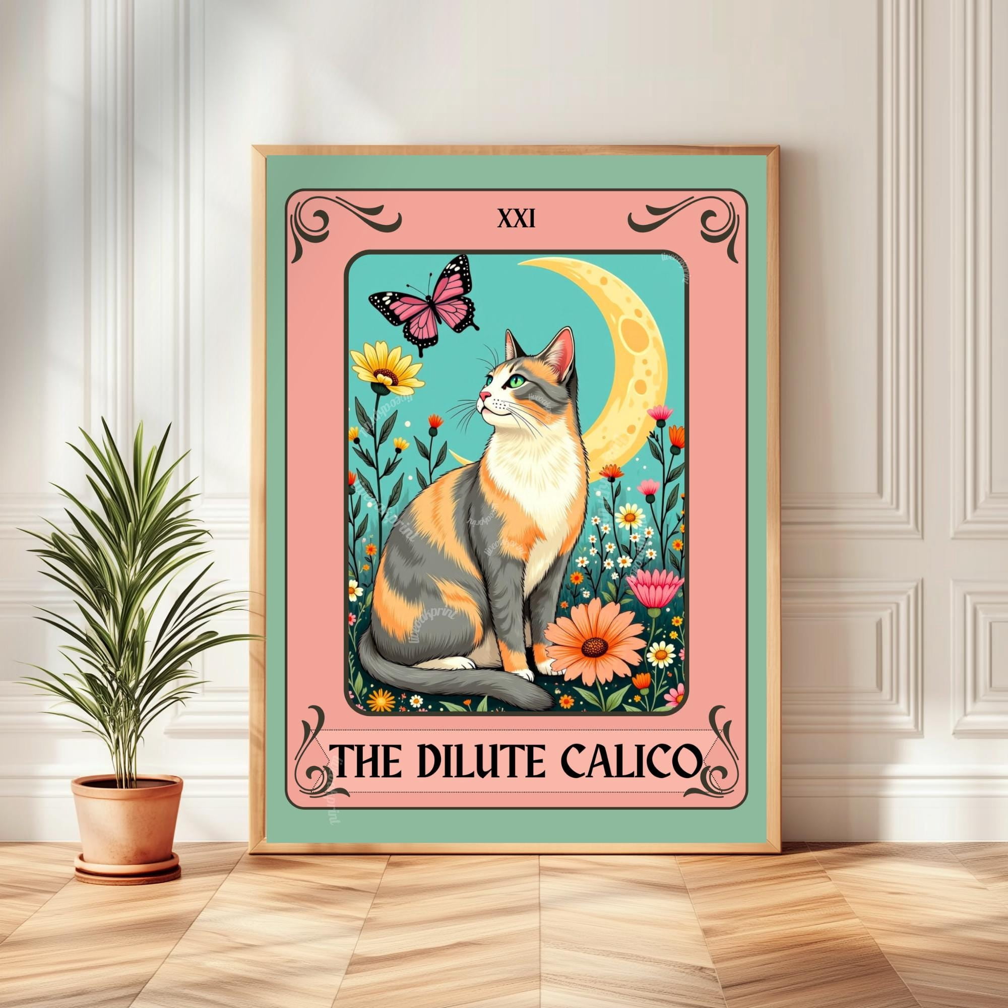 Dilute Calico Cat Art Print Botanical Cat Wall Art Boho Cat Lover Gift ...