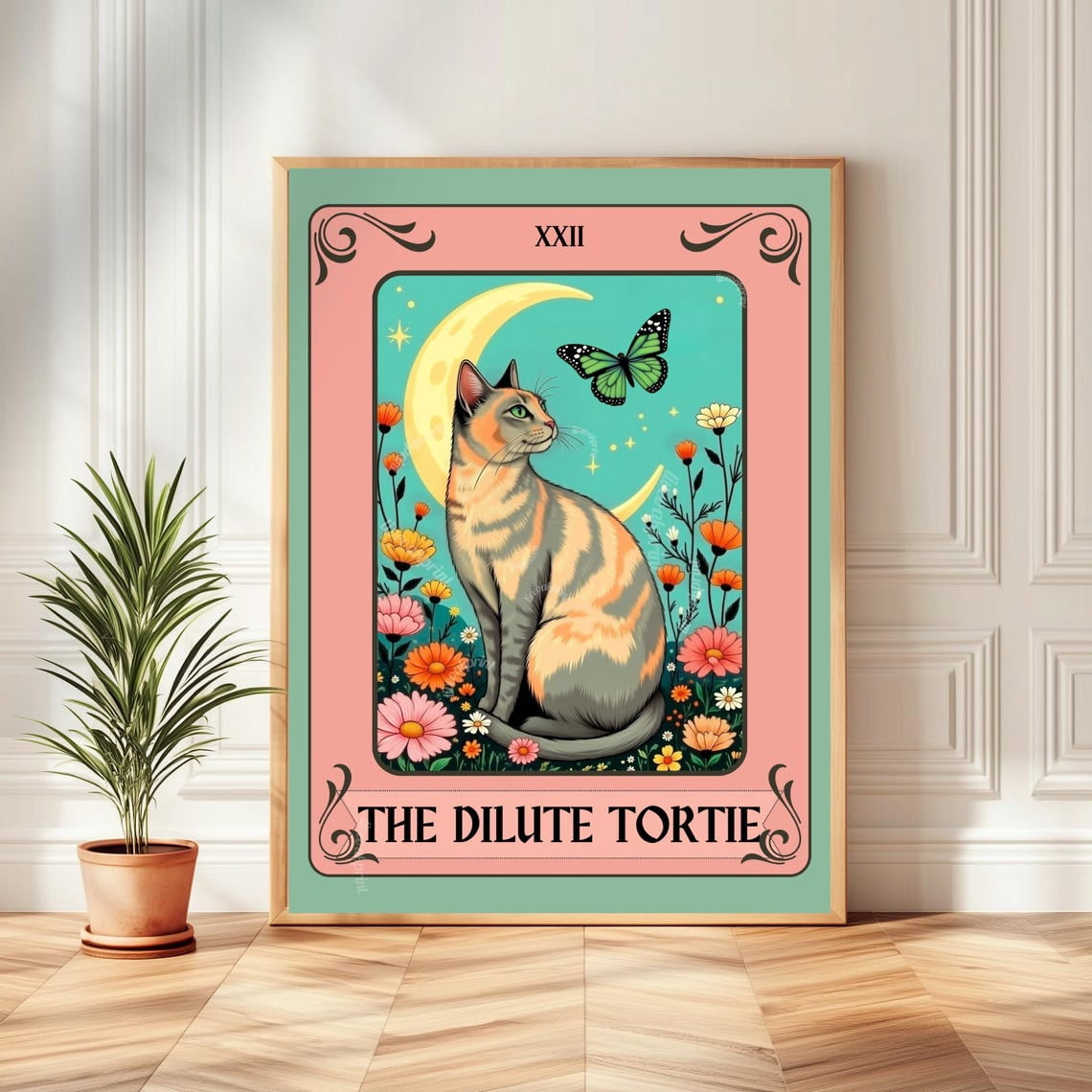 Dilute Tortie Cat Tarot Card Wall Art Print, Tortoiseshell Botanical ...