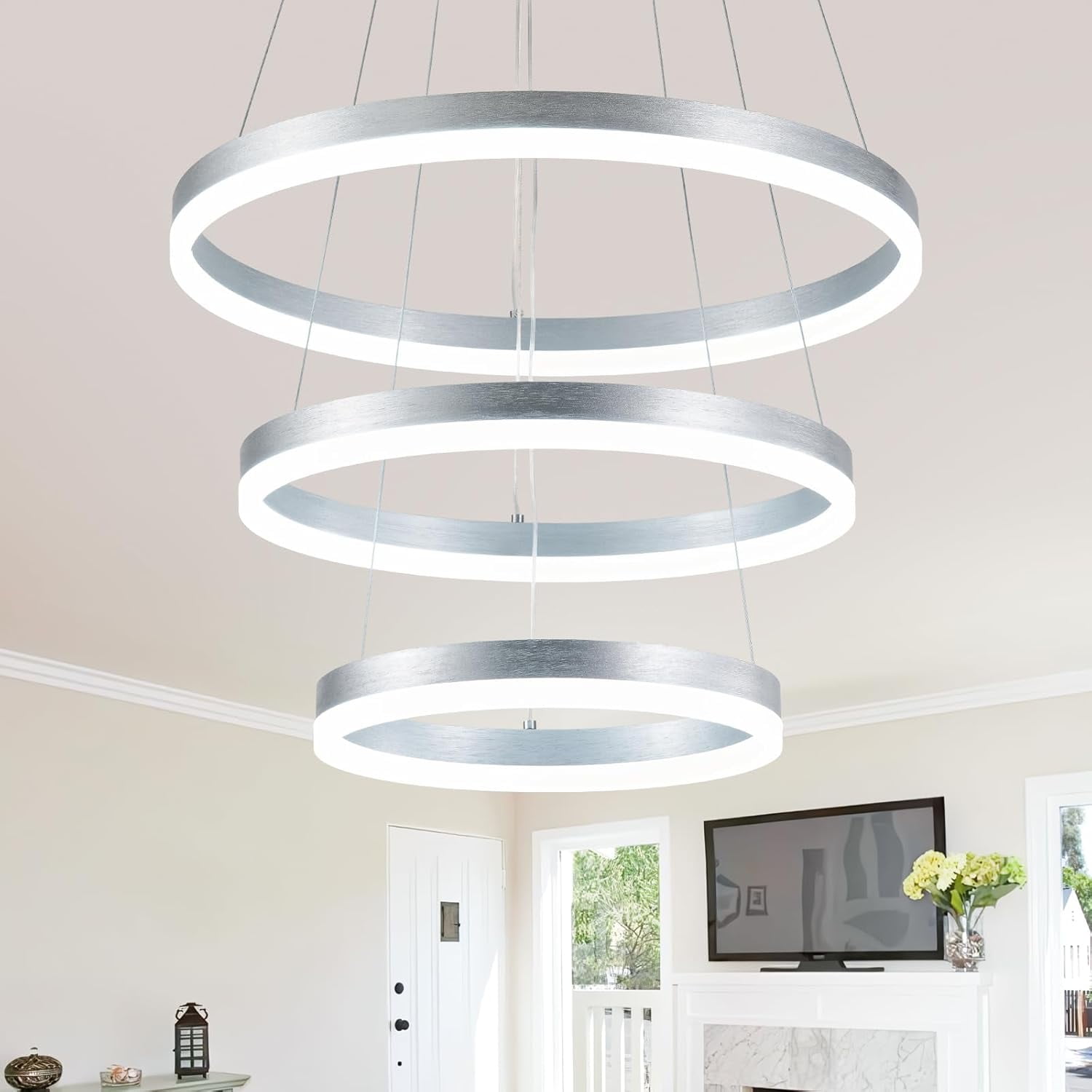Dimmable 3-Ring LED Chandelier, Height Adjustable Modern Silver Pendant ...