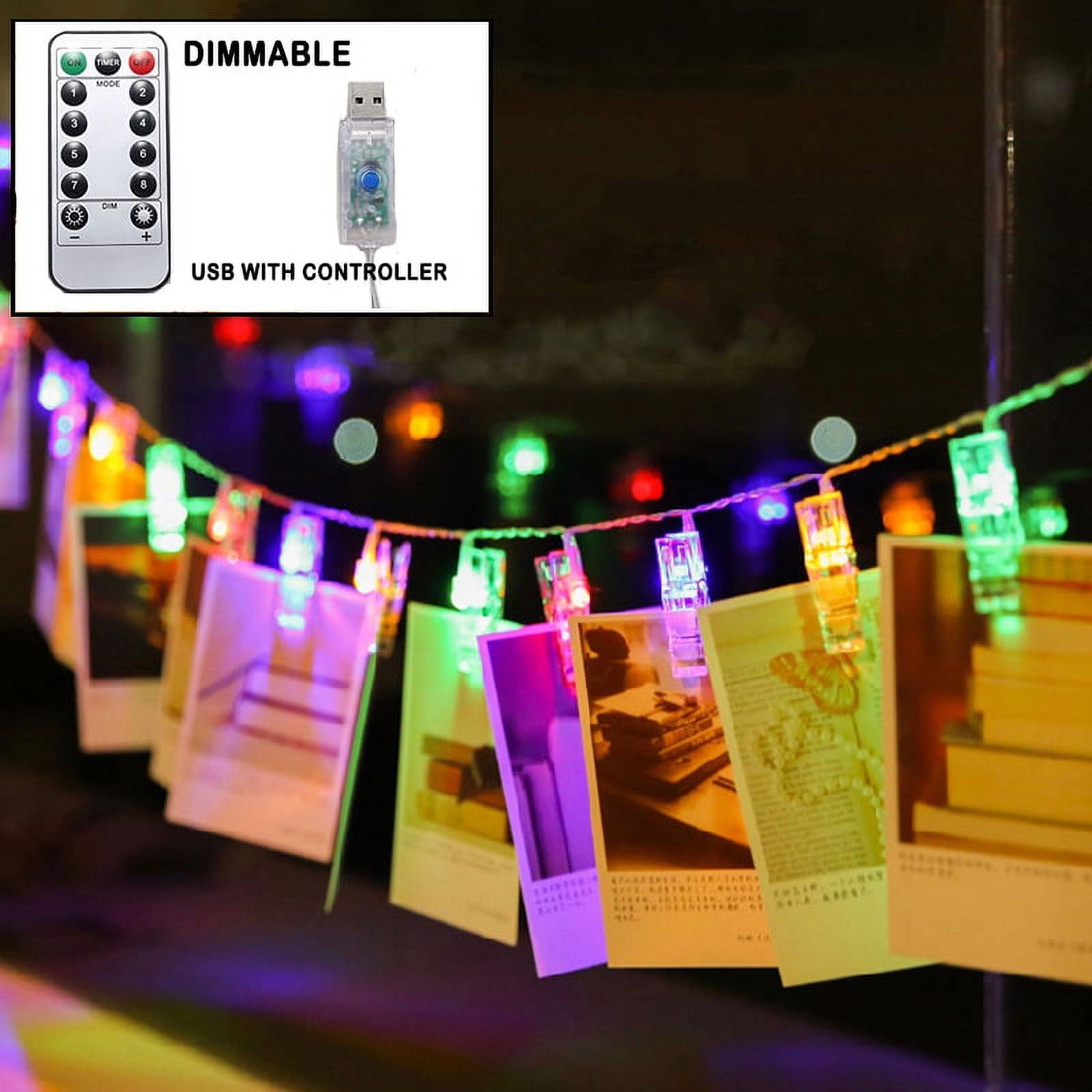 Dimmable 40 LED USB Photo Clips String Lights Holder with Remote, 8 ...