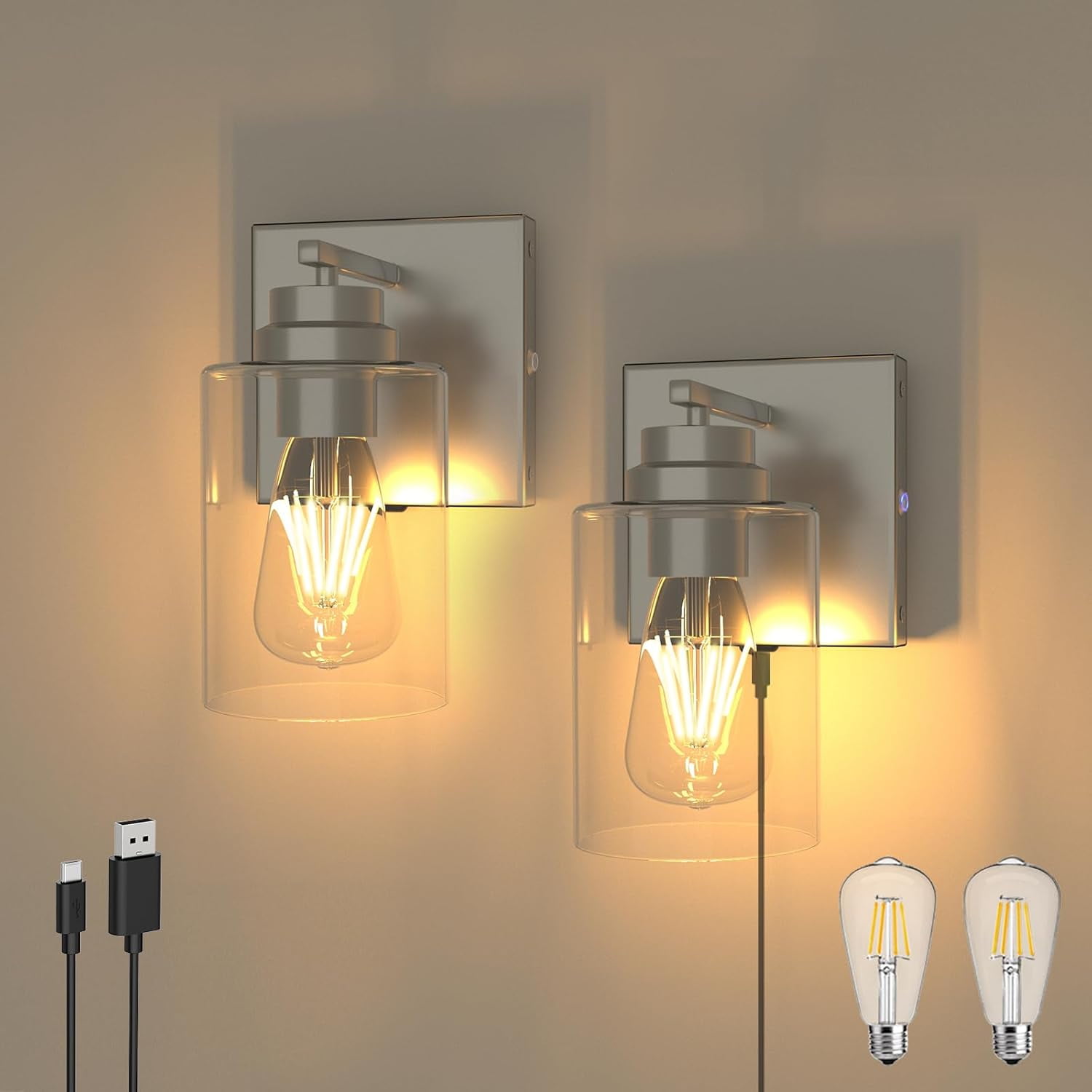 Dimmable Battery Operated Wall Light Set of 2, Rechargeable Wall Sconce Not Hardwired or Plug in ...