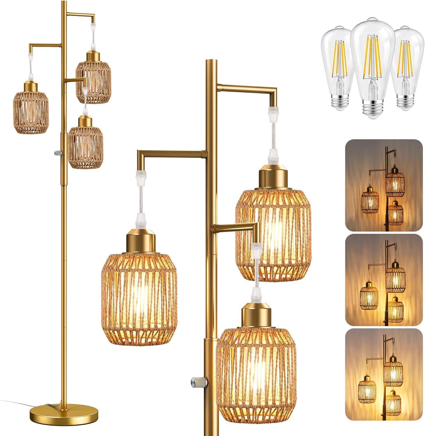 Dimmable Floor Lamp - 3 Light Farmhouse Rattan Floor Lamp for Living ...