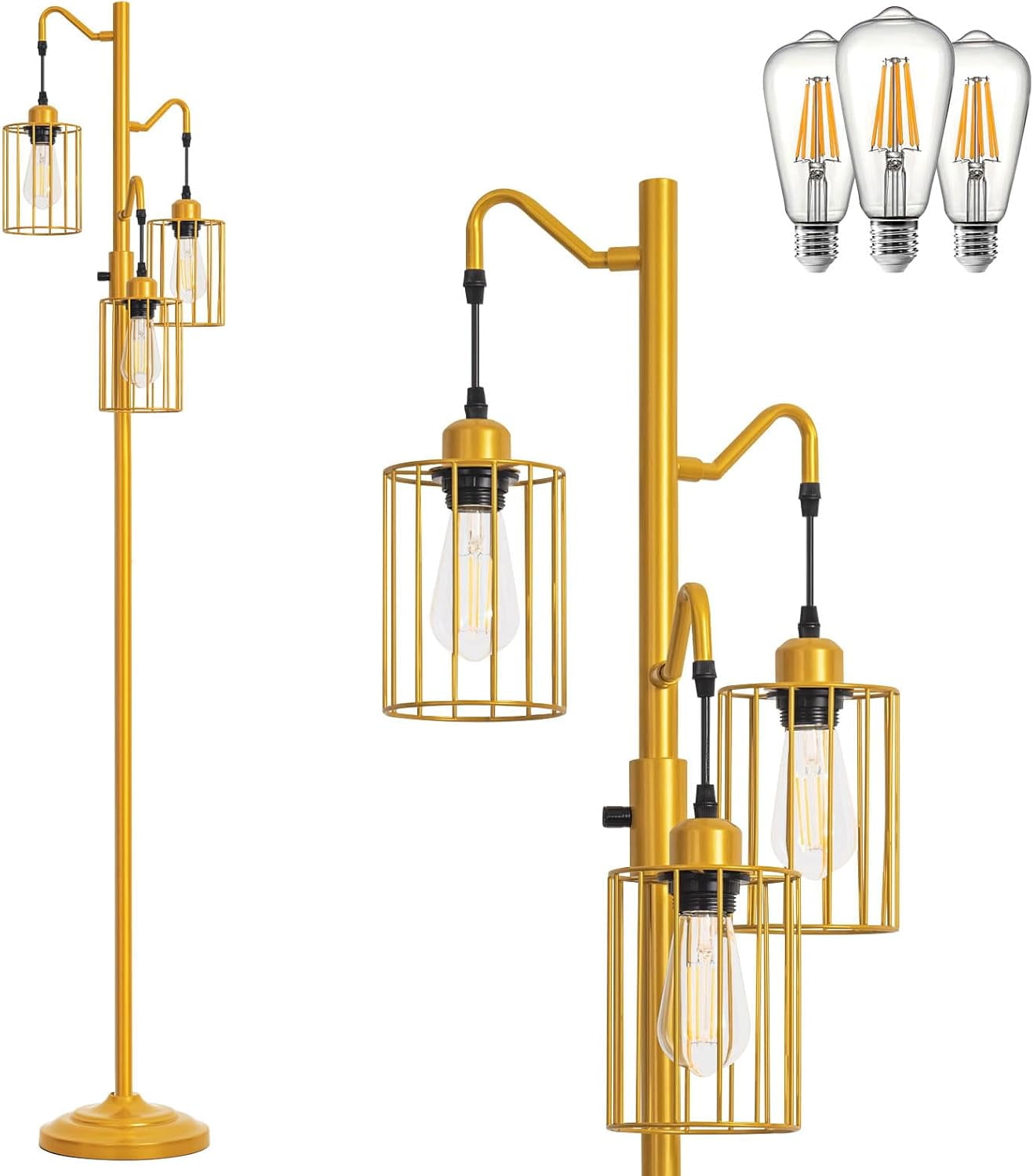 Dimmable Floor Lamp, 3 X 800LM LED Edison Bulbs Included, Standing Lamp ...