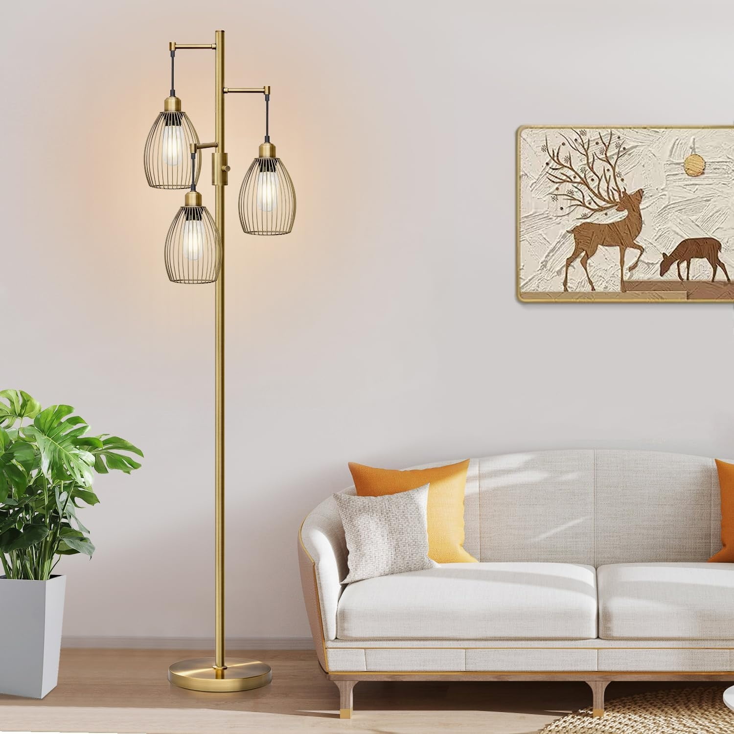 Dimmable Floor Lamp, 3 x 800LM LED Edison Bulbs Included, Farmhouse ...