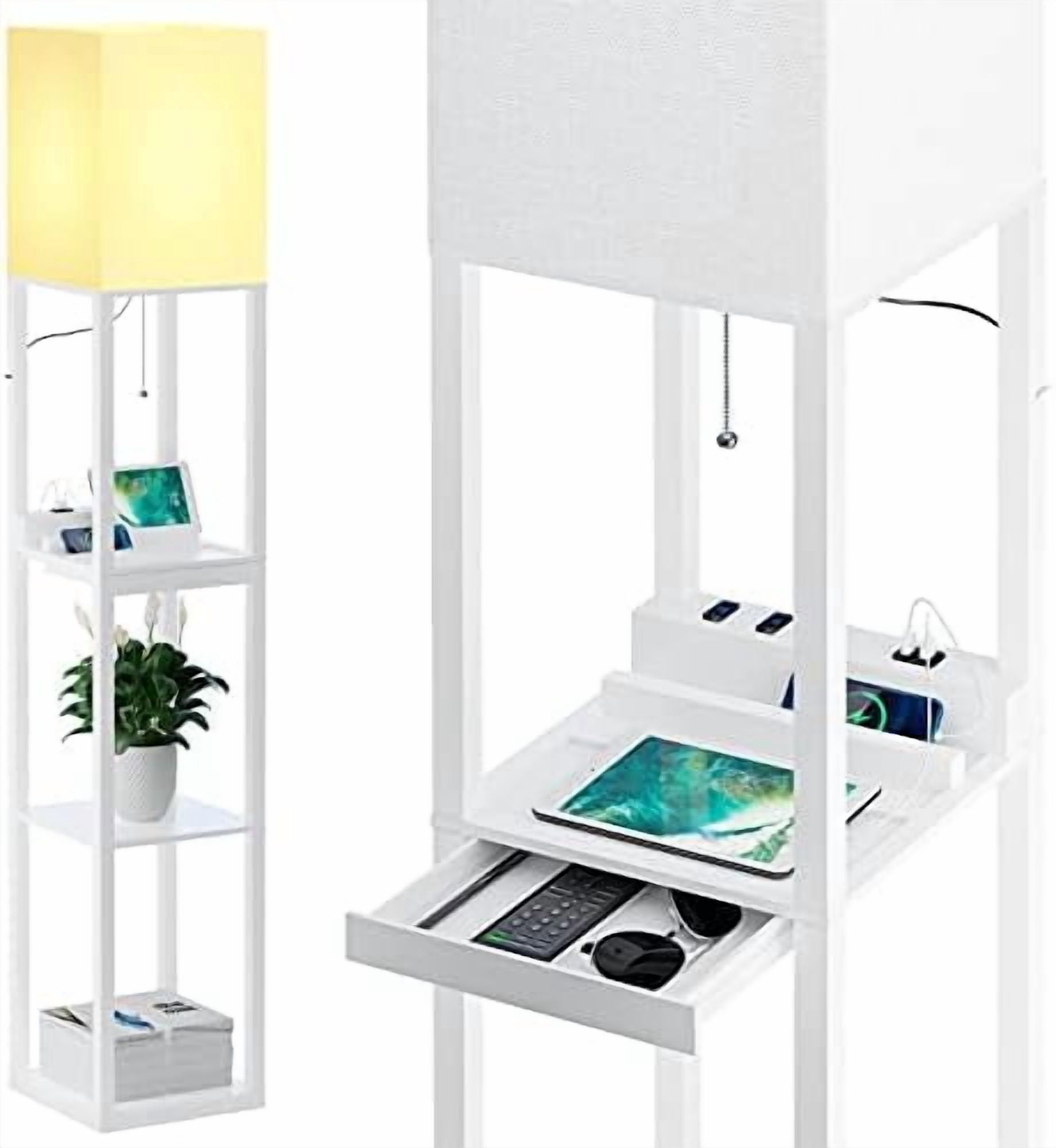 Dimmable Floor Lamp with Shelves,Modern Solid Wood Standing Lamp with 1 ...