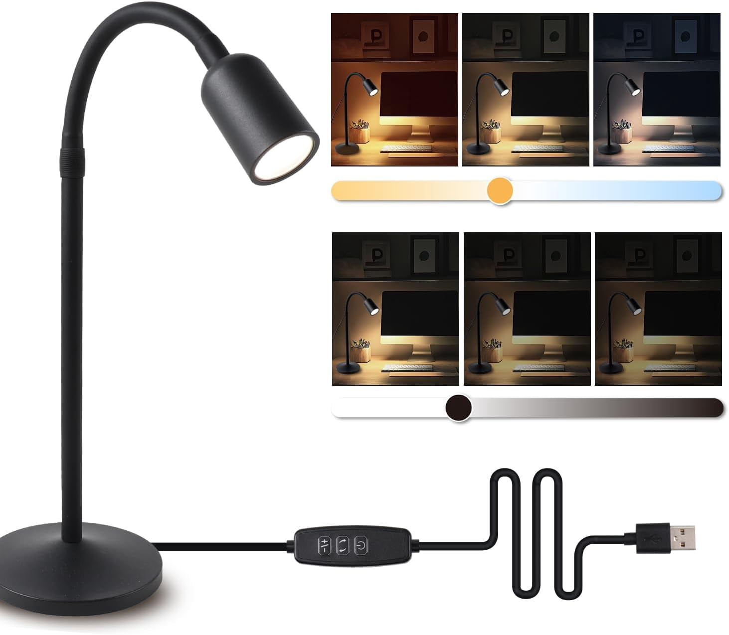 Dimmable LED Desk Lamp USB Powered, 3 Color Modes Flexible Gooseneck ...