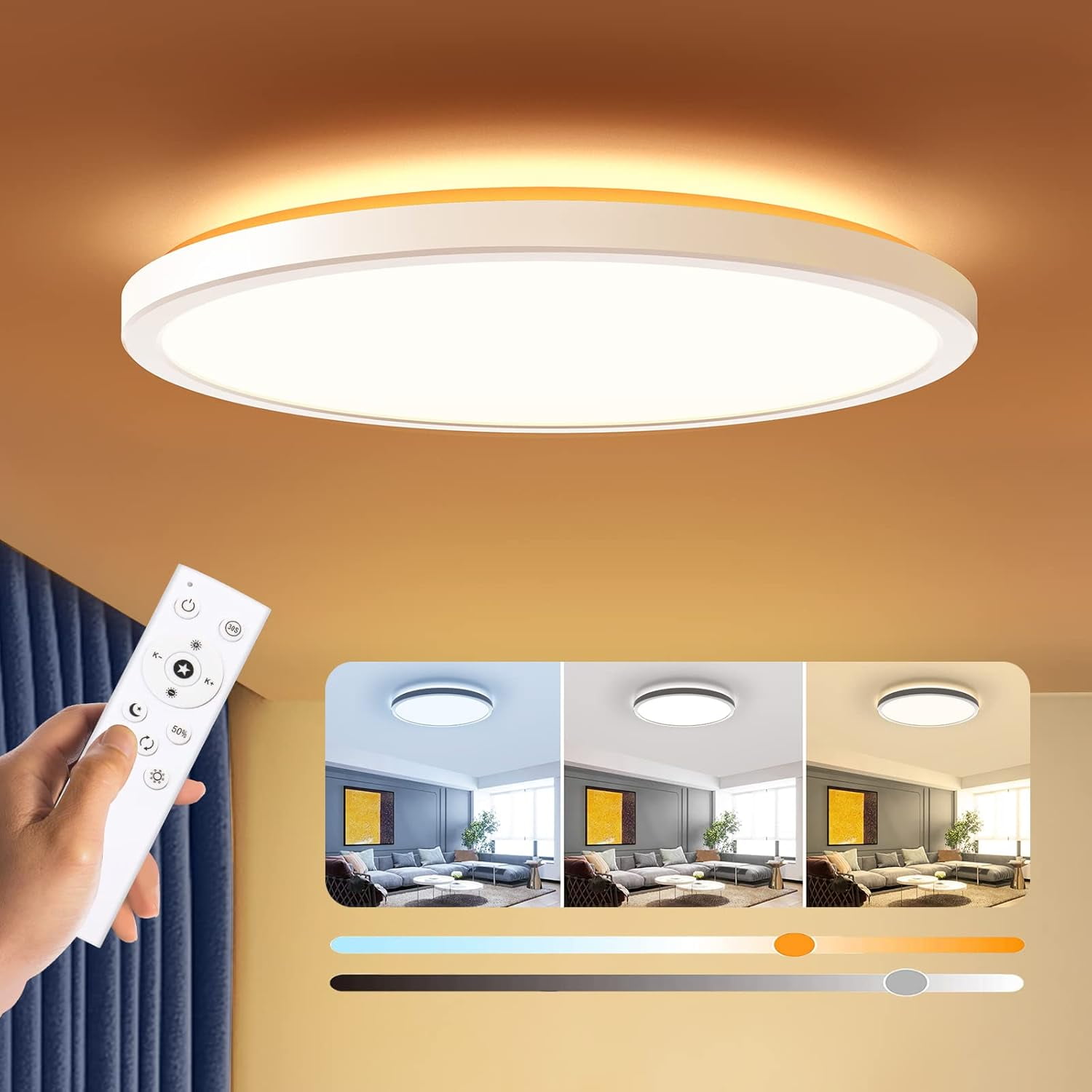 Dimmable LED Flush Mount Ceiling Light Fixture with Remote Control, 12 ...