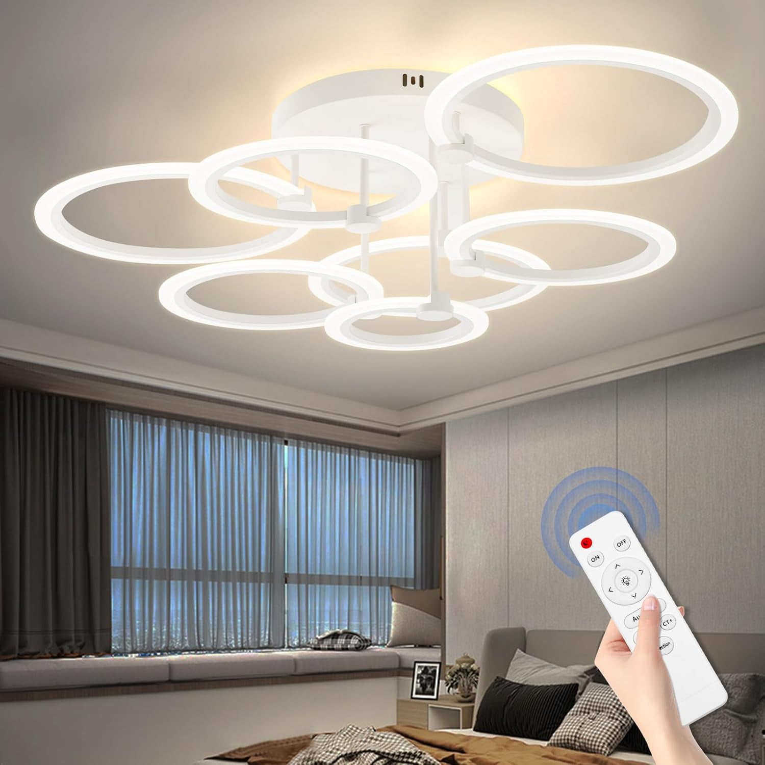 Dimmable Modern LED Ceiling Light with Remote Control, 7 Rings White ...