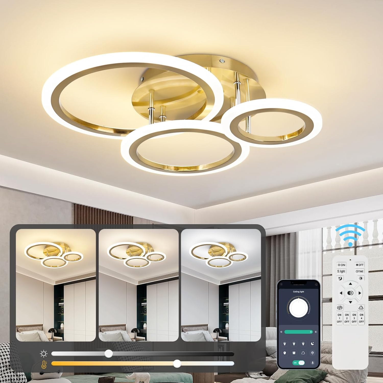 Dimmable Modern Led Ceiling Light 3 Rings 35W Dimming Circle Modern Living Room Light Fixture ...