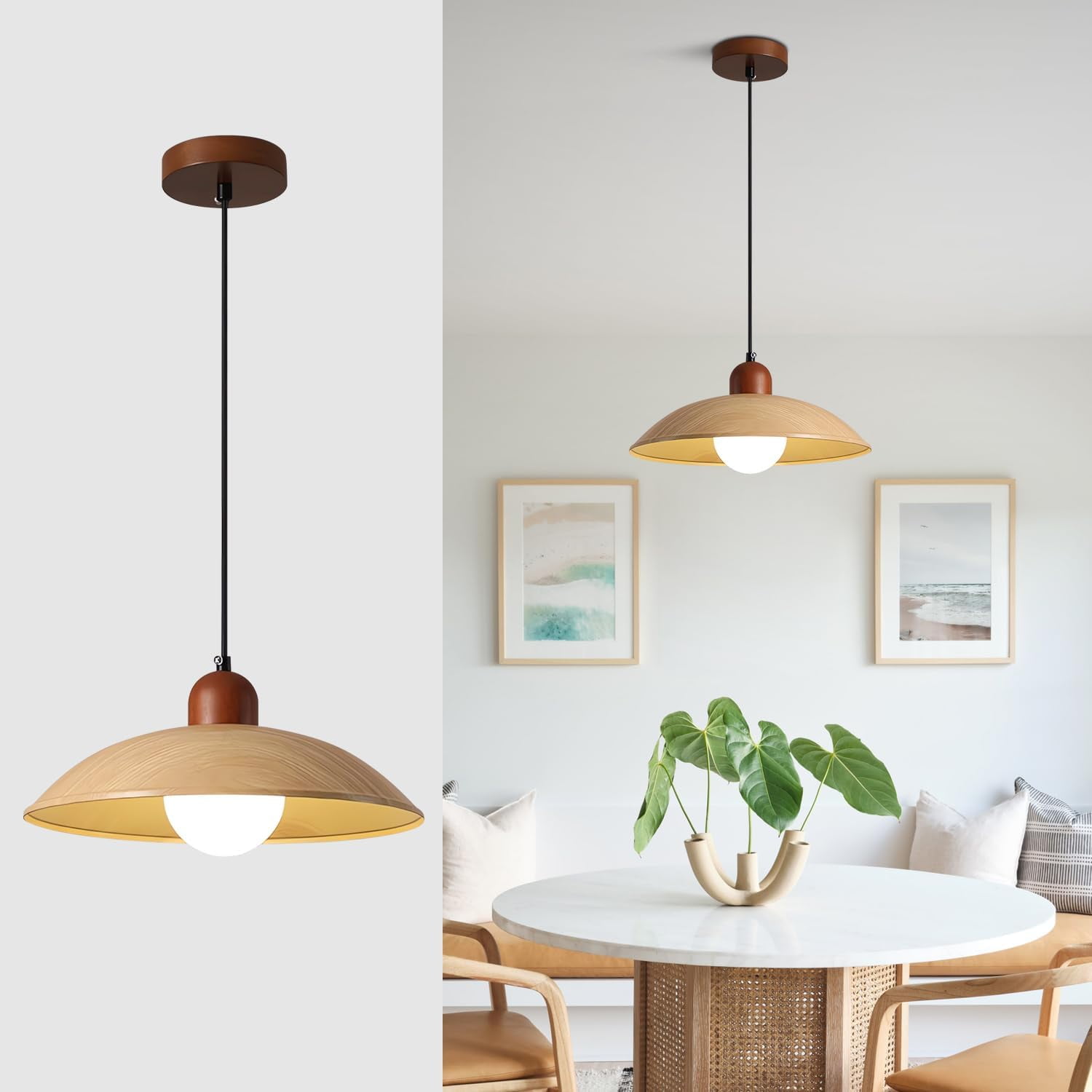 Dimmable Pendant Light, Wood LED Pendant Light Fixture, Modern Height ...