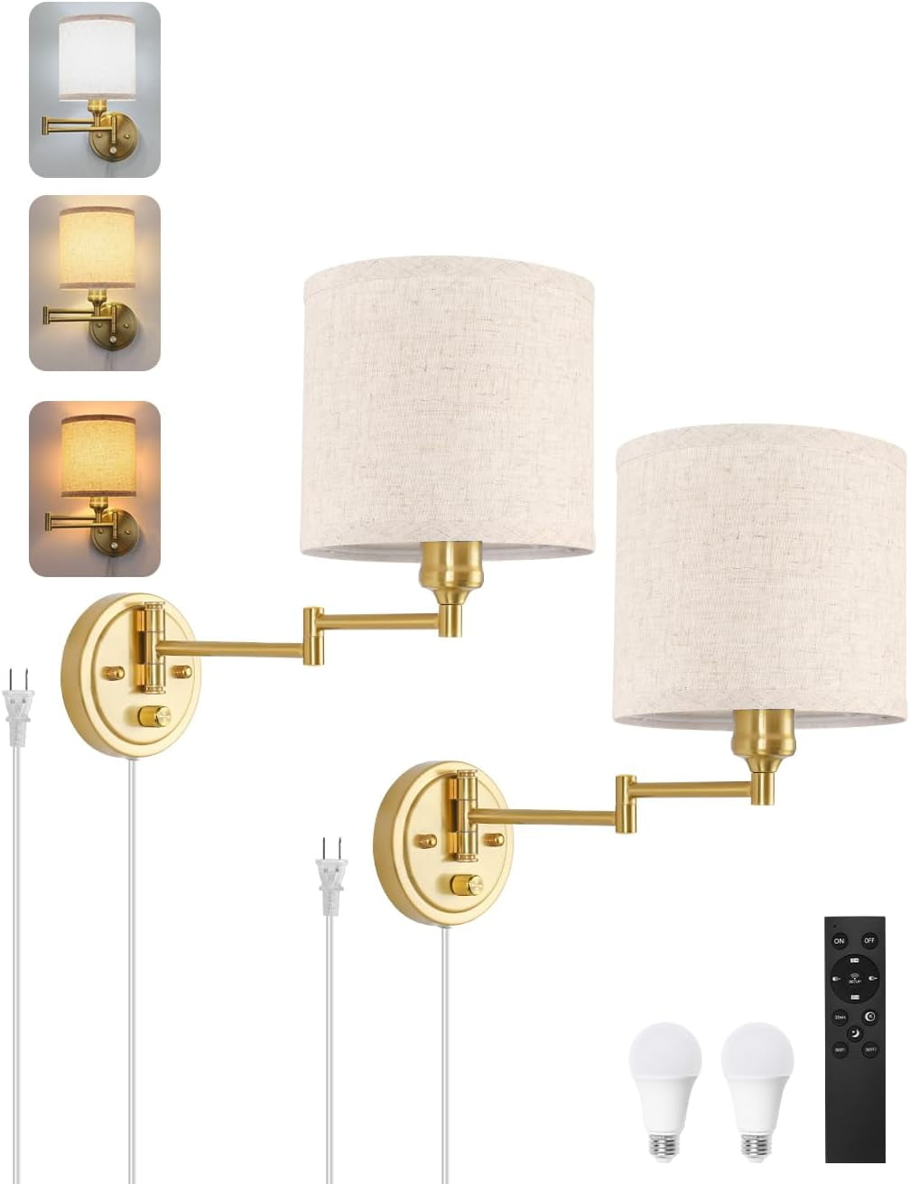Dimmable Plug in Wall Sconces, Swing Arm Wall Lamp, Wall Sconces Set of Two, Plug in Wall Light ...