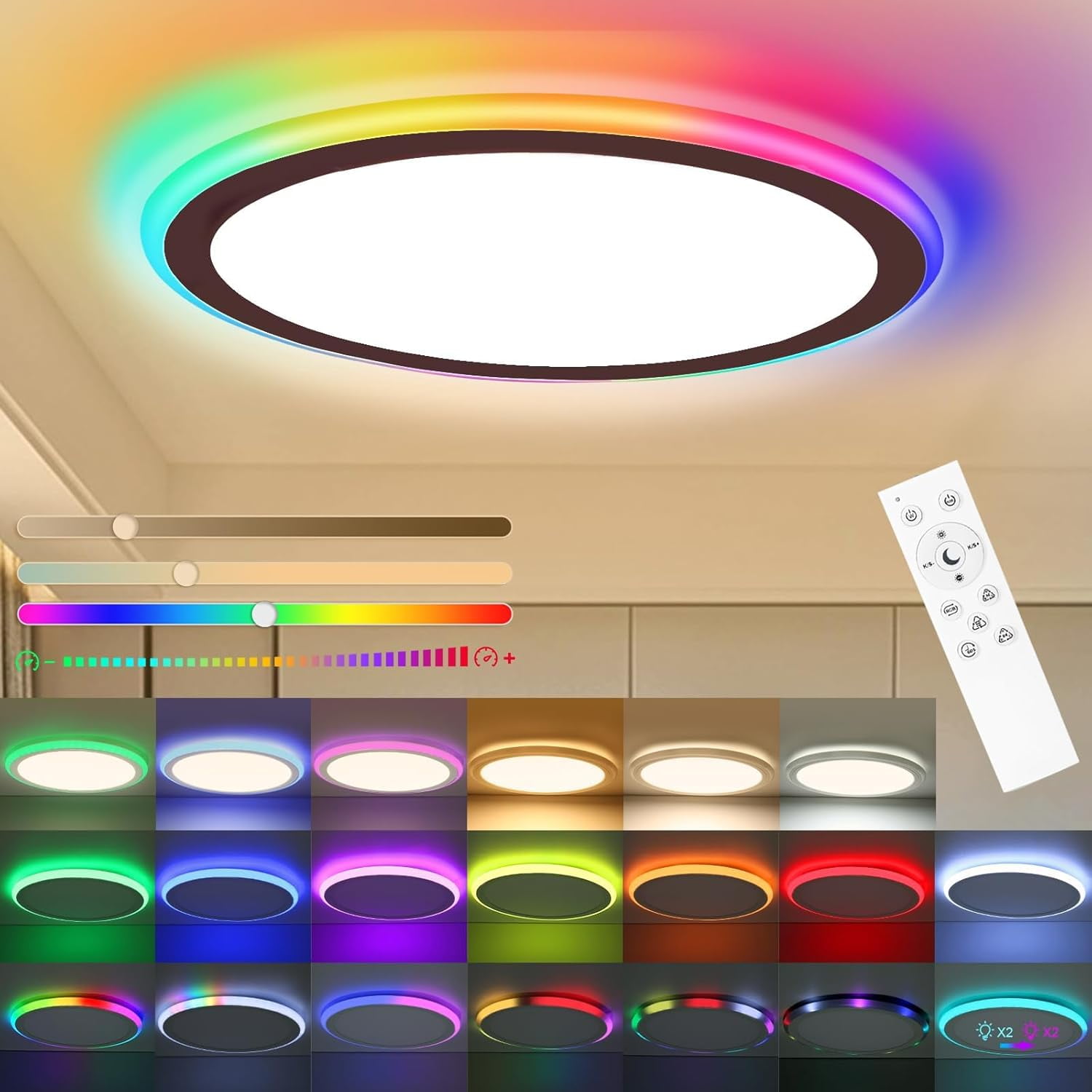Dimmable RGB LED Ceiling Light with Remote Control, 13-Inch 30W Flush ...