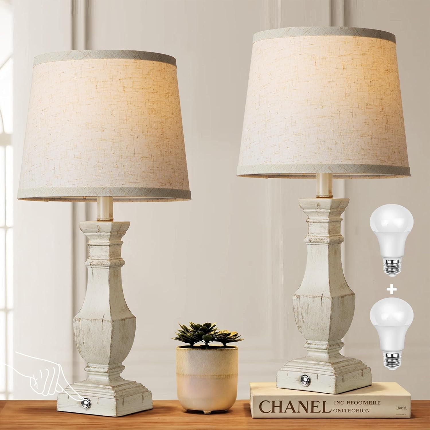 Dimmable Table Lamps Set of 2, Rustic Farmhouse Table Lamps for Living ...