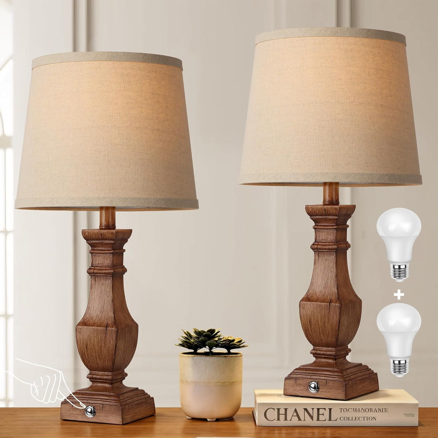Dimmable Table Lamps Set of 2, Rustic Farmhouse Table Lamps for Living ...
