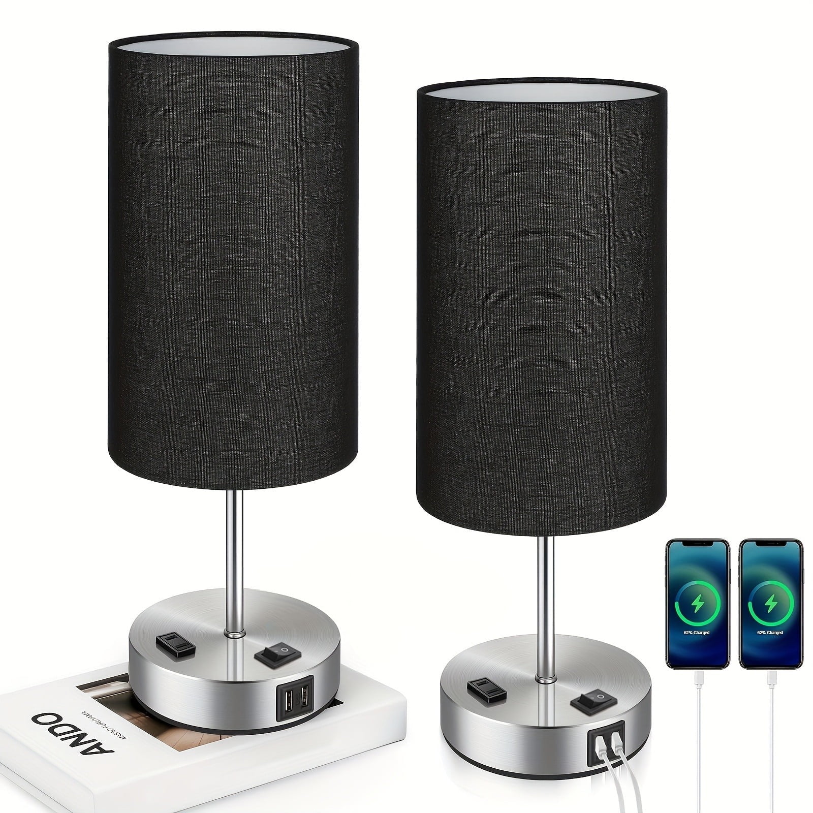 Dimmable Table Lamps with USB Charging Ports & AC Outlet, 3-Way Touch ...