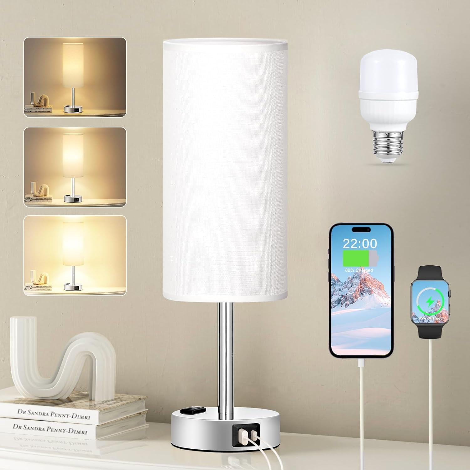 Dimmable Table Lamps with USB Charging Ports & AC Outlet, 3-Way Touch ...