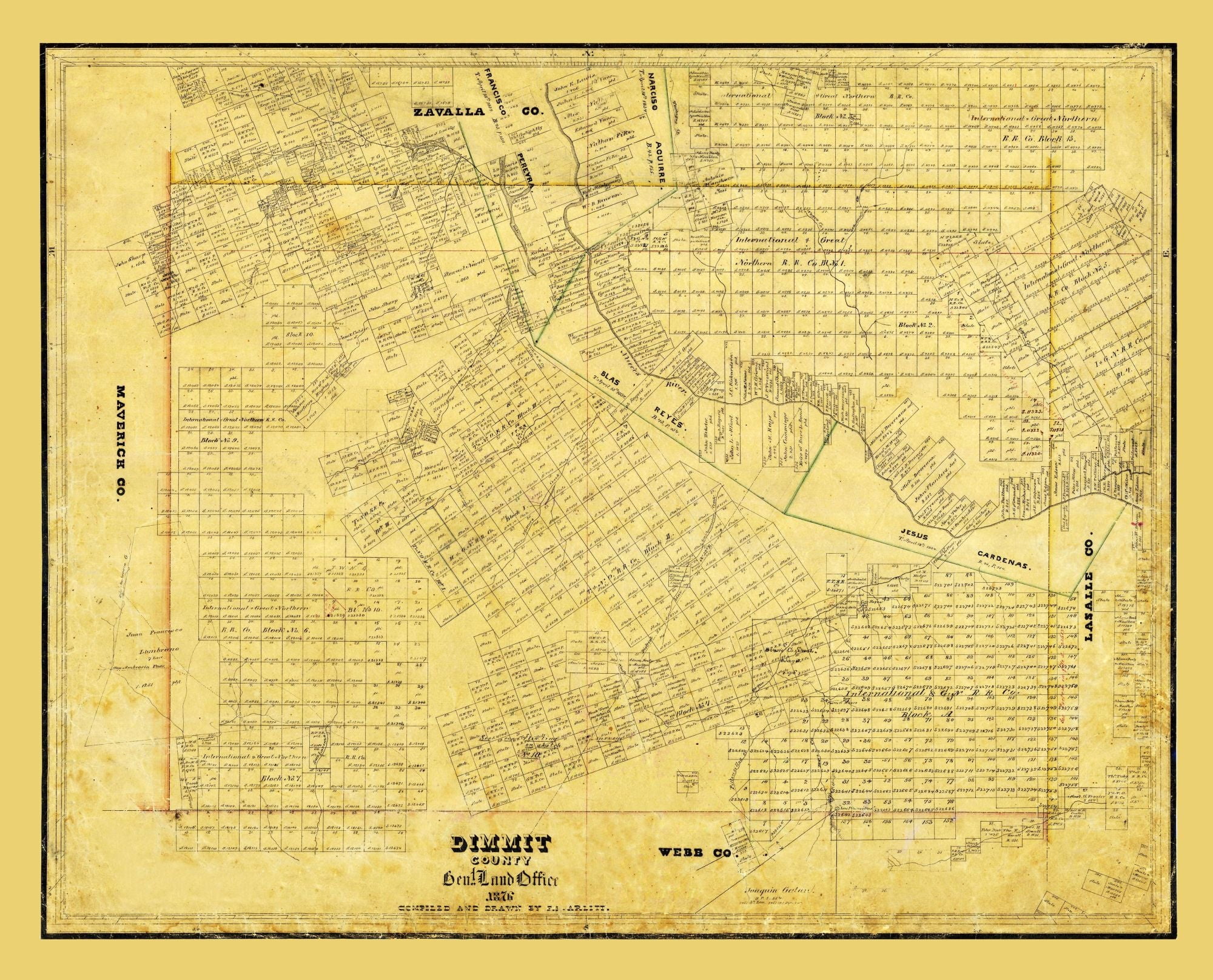 Historic County Map - Dimmit County Texas - Arlitt 1876 - 28.47 x 23 - Vintage Wall Art ...