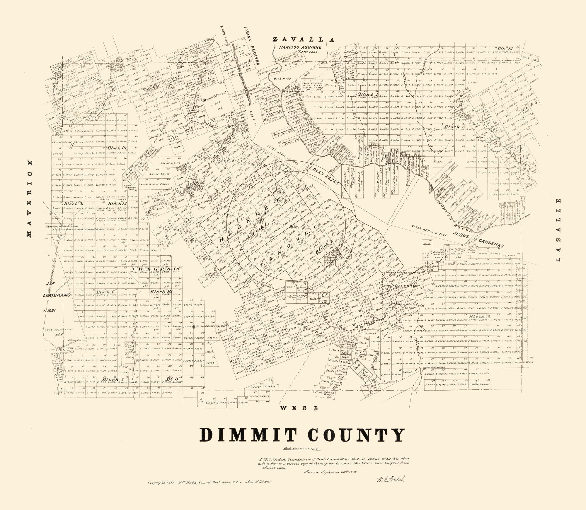 Historic County Map - Dimmit County Texas - Walsh 1879 - 26.40 x 23 ...