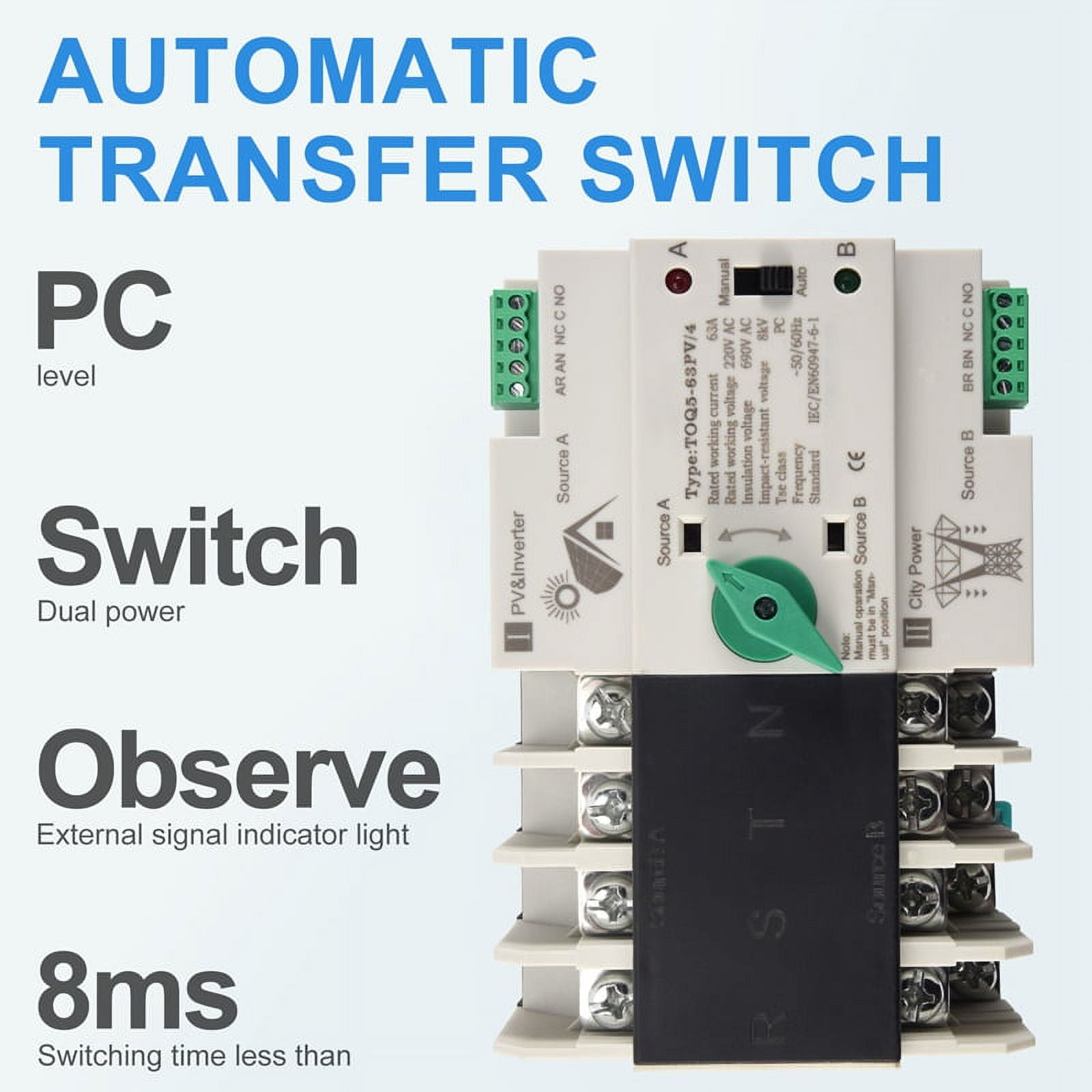 Din Rail 4P ATS Dual Power Automatic Transfer Switch Electrical Selector Switches xc384 ...
