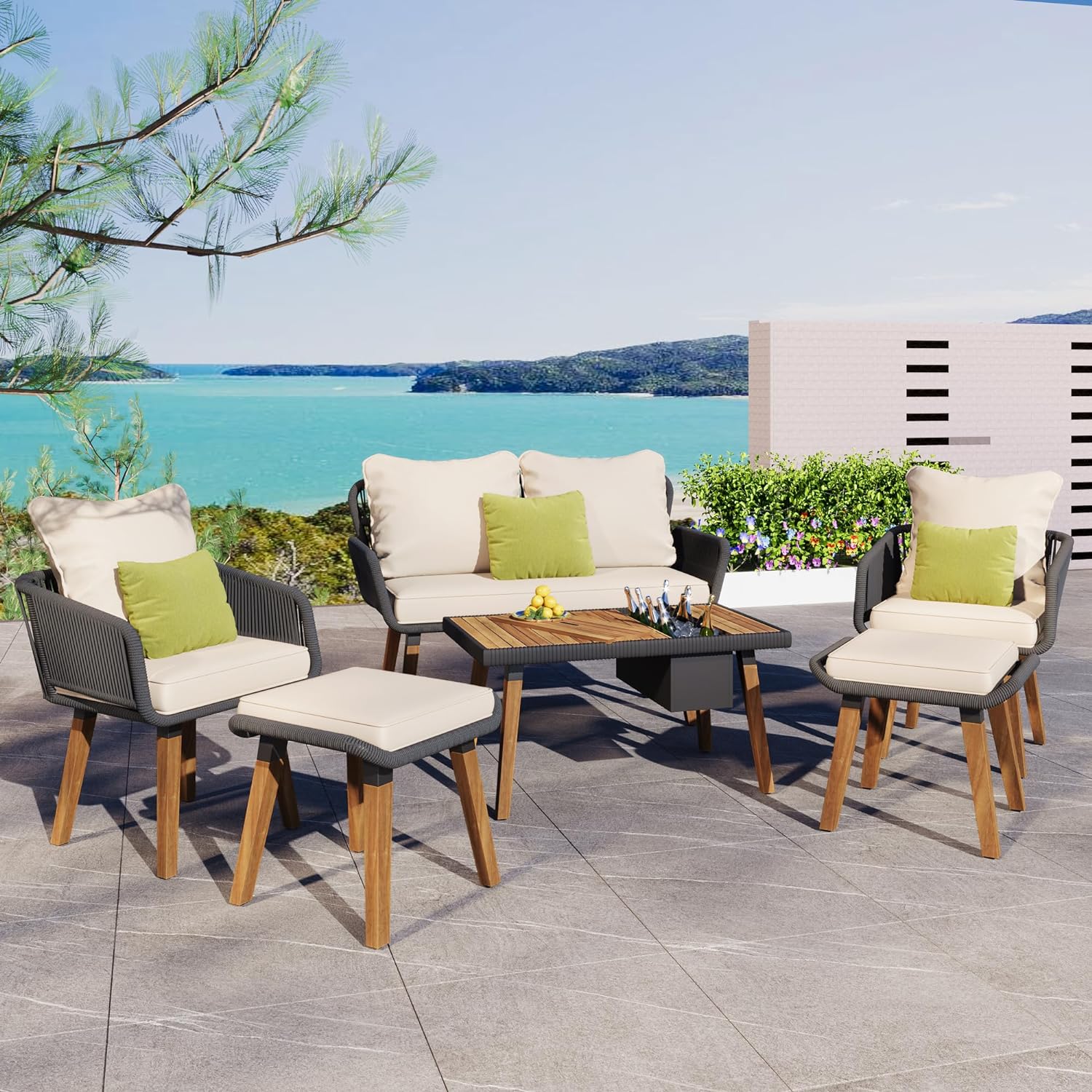 Dina 6-Piece Rope Patio Furniture Set Outdoor Furniture Set with Acacia ...