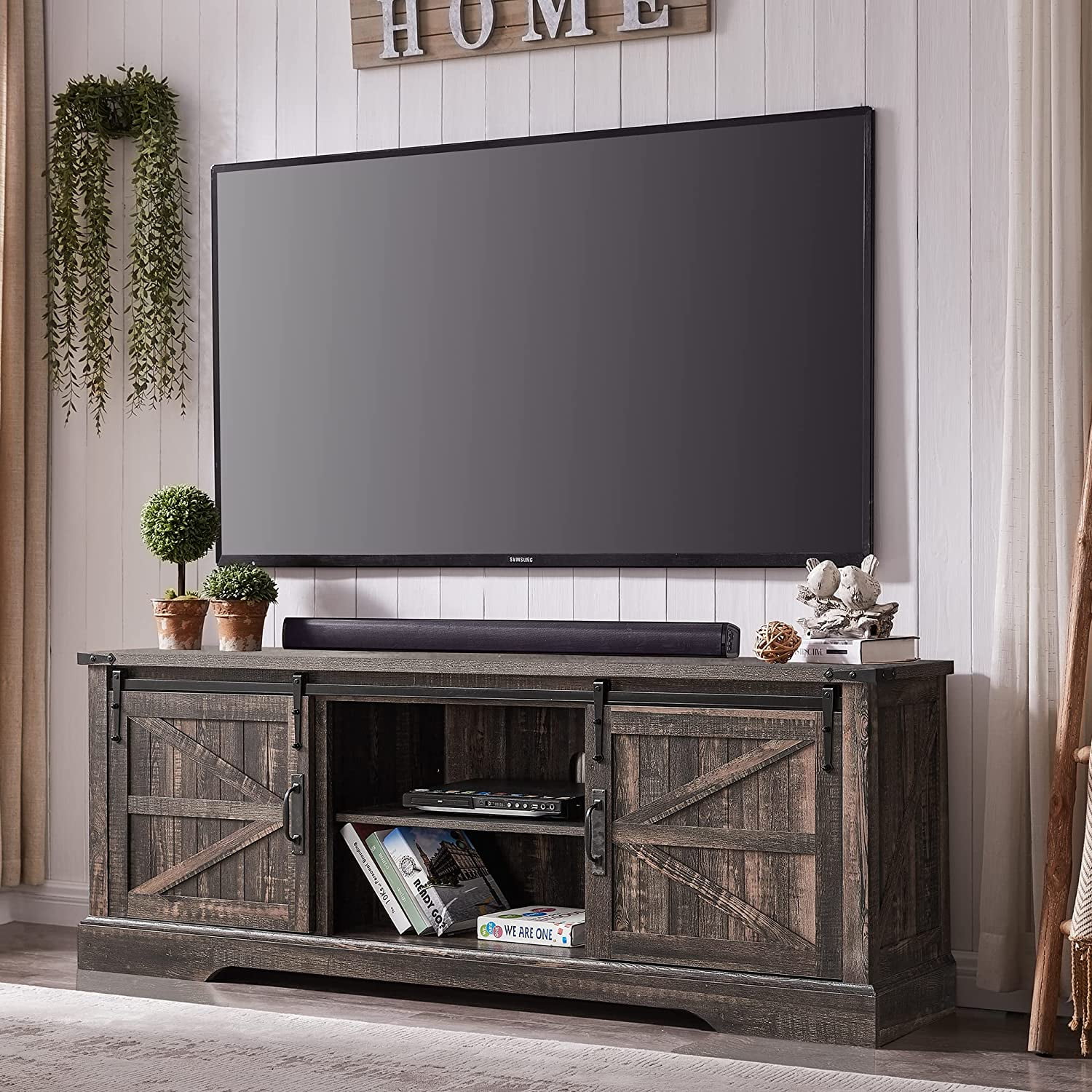 Dina Farmhouse TV Stand for 75 Inch TV with Sliding Barn Door Rustic ...