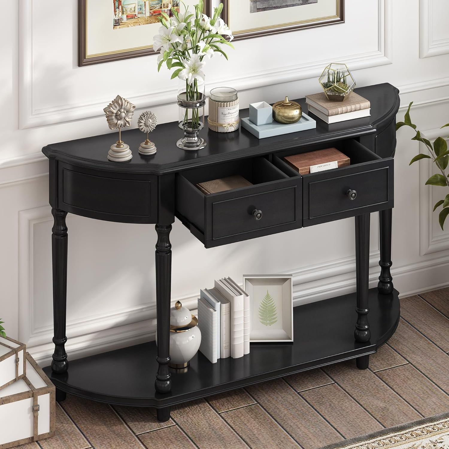 Dina Retro Half Moon Entry Table with 2 Top Drawers and Open Shelf ...