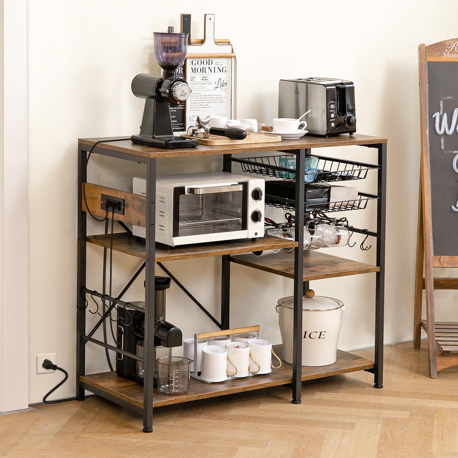Dinaza 4/5 Tier Bakers Rack - Power Outlet, Kitchen Storage, Mug Holder, 10 S-Hooks - Walmart.com