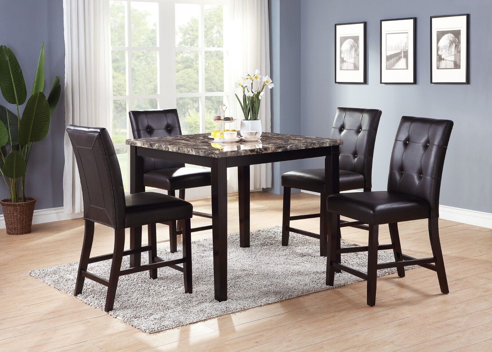Dinette 5pc Set Counter Height Dining Table w Faux Marble 4x Chairs ...